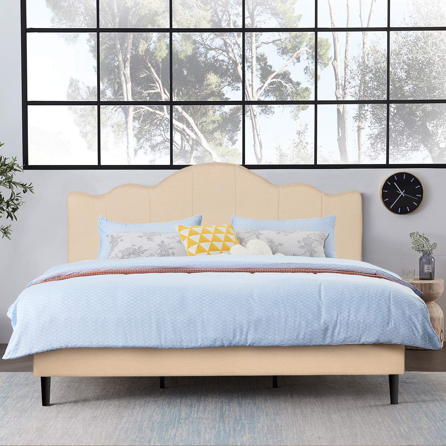 VECELO Queen Upholstered Platform Bed Frame with Height Adjustable Headboard, Mattress Foundation with Strong Wood Slat Support, No Box Spring Needed, Khaki