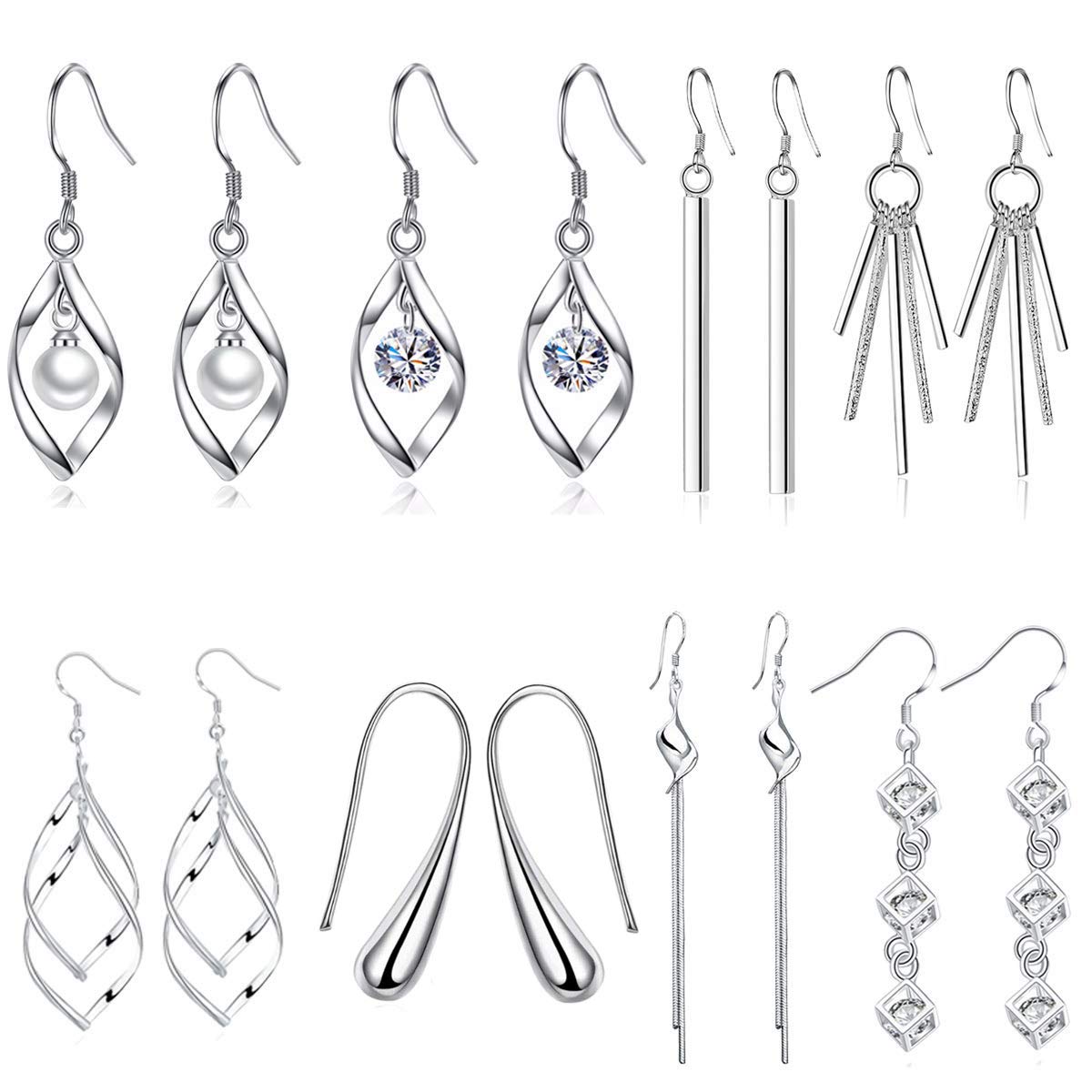 WAINIS 8 Pairs Classic Dangle Drop Earrings for Women Simple Double Twist Long Thread Fashion Silver Plated Earring Jewelry