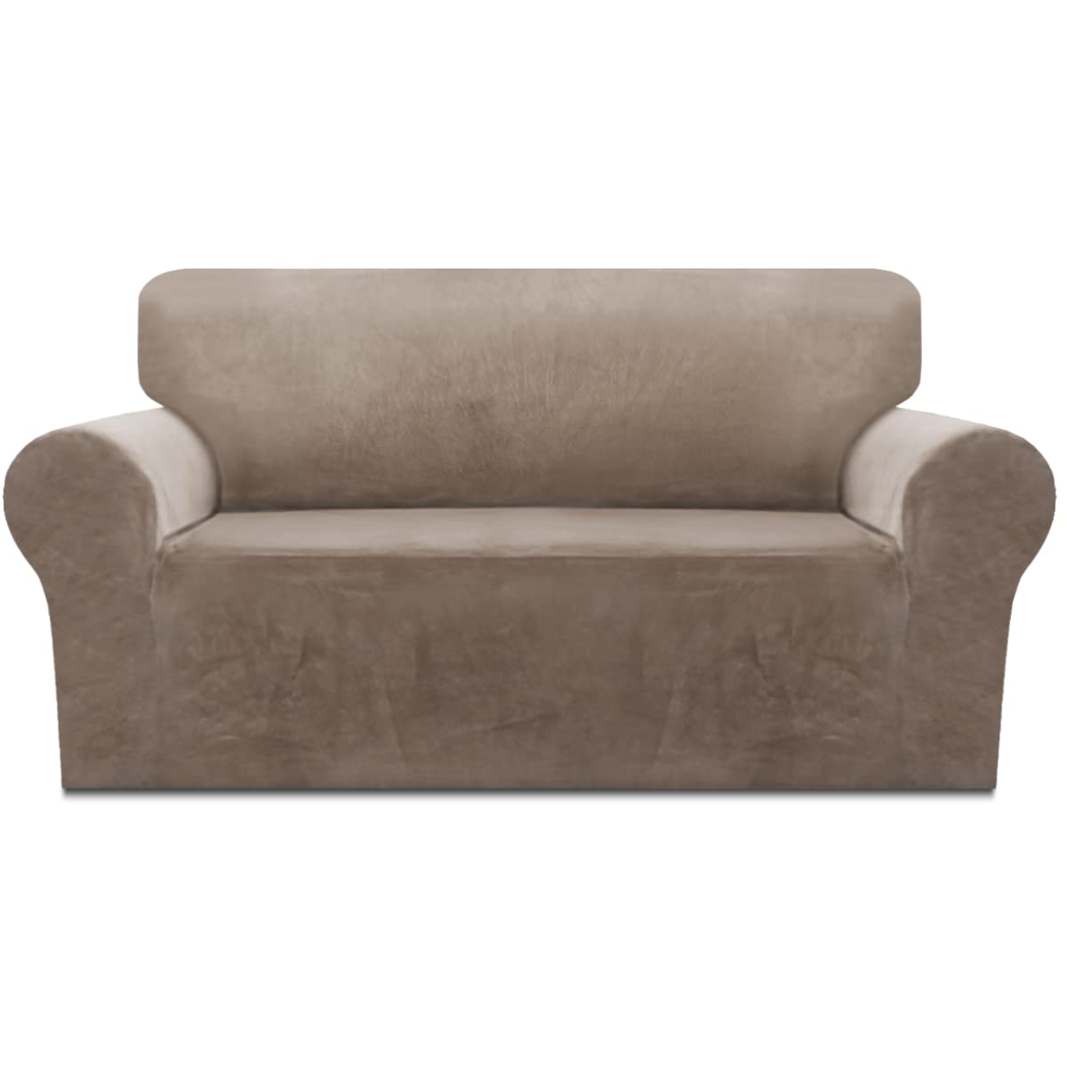 Velvet Stretch Sofa Covers Loveseat Couch Covers for 2 Cushion Couch Loveseat Covers for Living Room, Loveseat Slipcovers Pets Friendly, Thick Soft Washable, Secure with Strap (58"-72, Taupe)