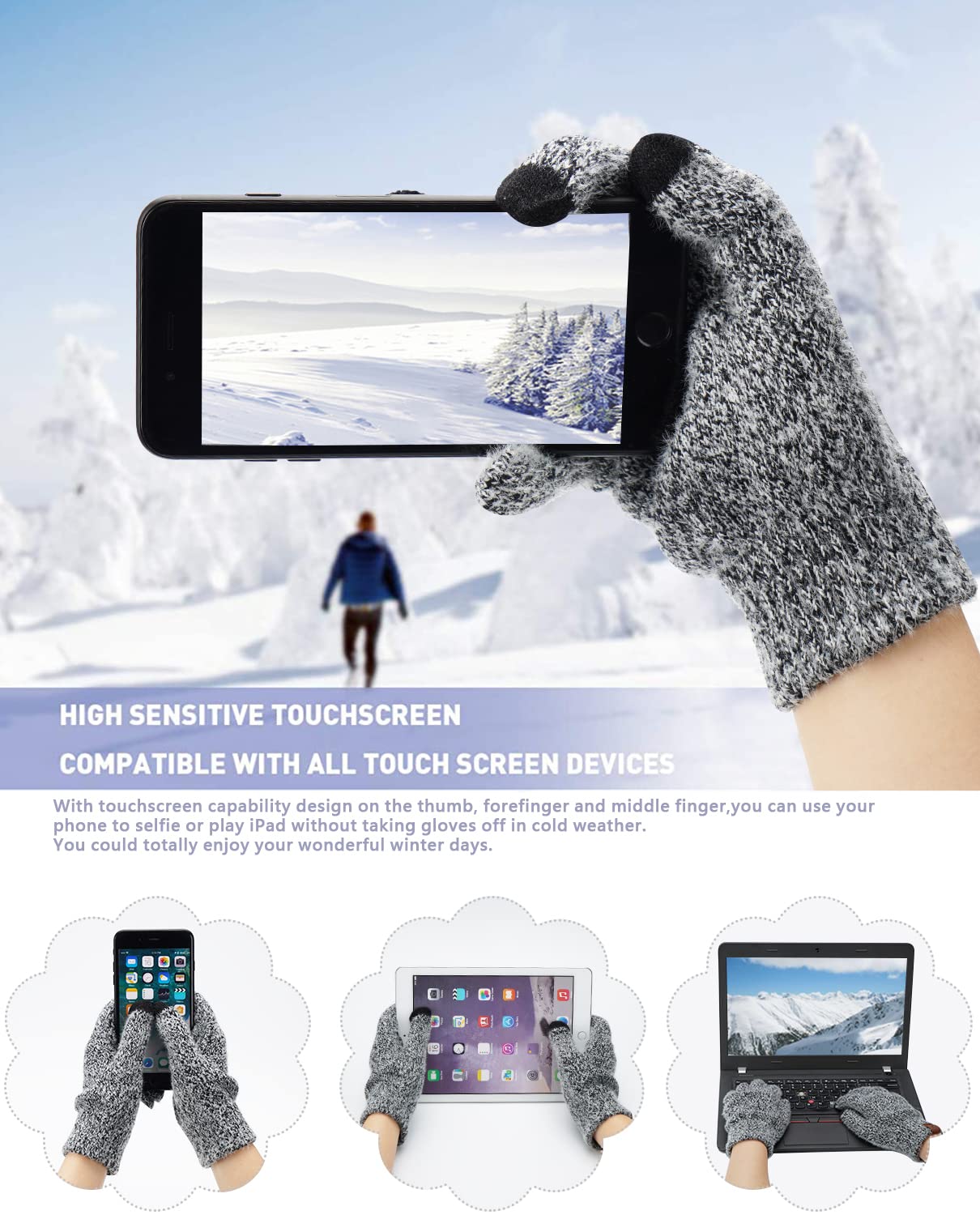 Womens Winter Warm Knit Beanie Hat Touchscreen Gloves Set with Fleece Lined Skull Cap Gloves Set for Women