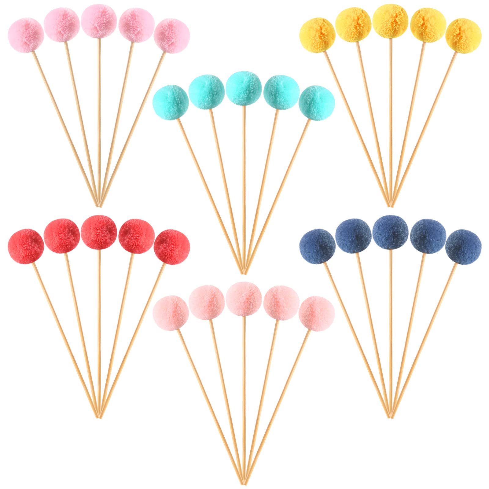Sintuff 30 Pcs Colorful Pompom Cake Toppers Mini Pompom Cupcake Toppers Pompom Cake Picks Party Cake Decorations for Birthday Baby Shower Wedding Anniversary Supplies