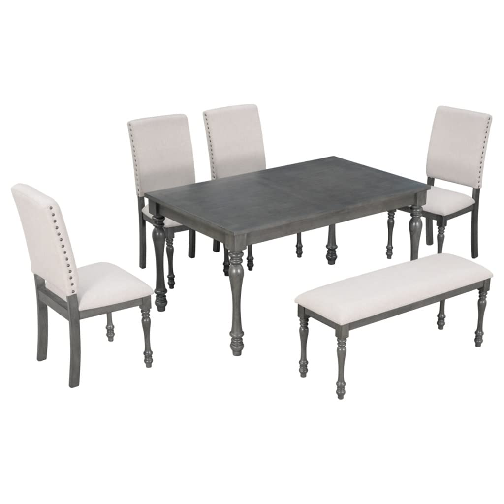ZHYH 6 Piece Wooden Dining Table Rectangular Table with Turning Legs 4 Upholstered Chairs and Dining Room Bench