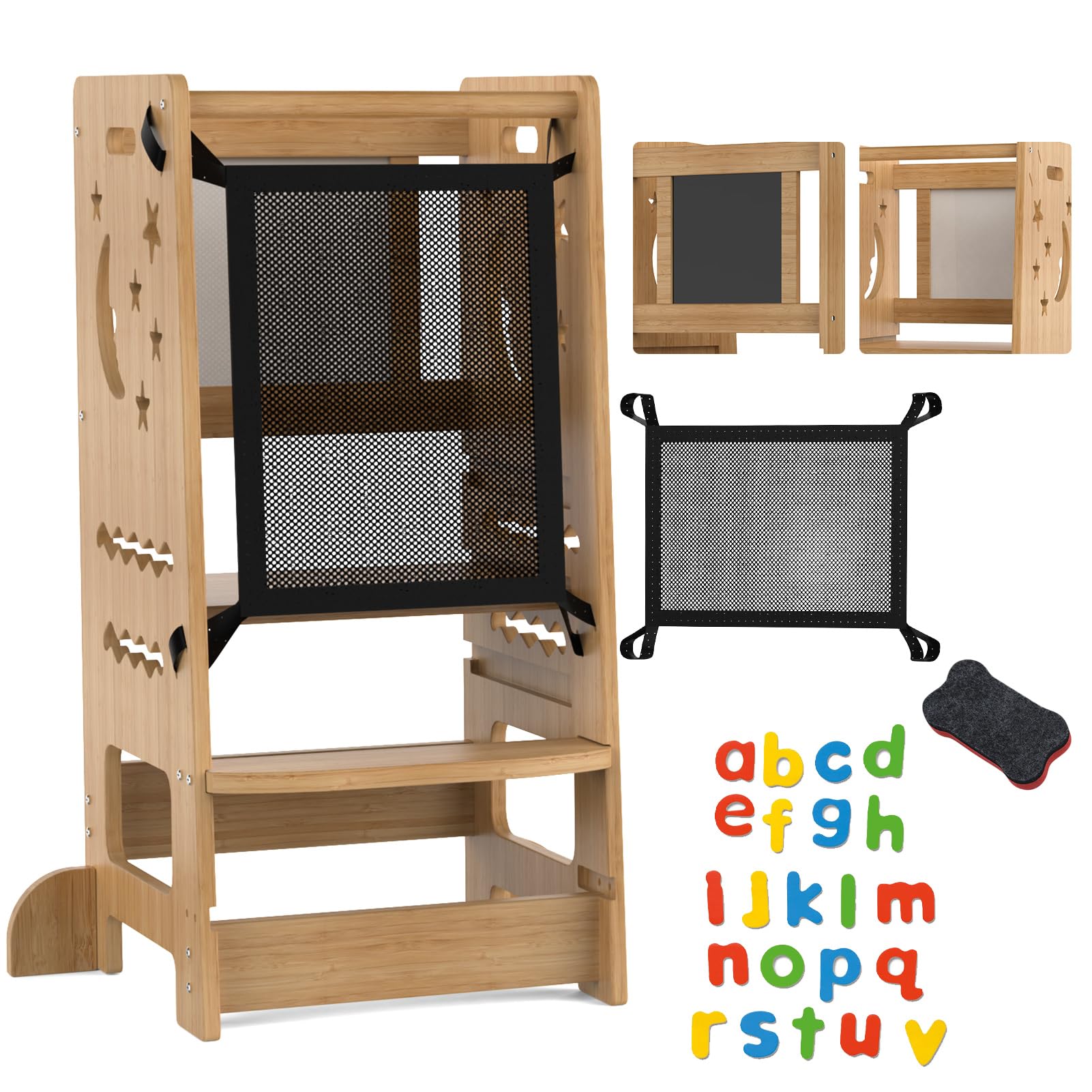 Wooden Kitchen Step Stool, 3 Heights Adjustable Toddler Standing Tower, Bamboo Toddler Kitchen Stool Helper with Black and White Chalkboard,Toddler Learning Tower for Bathroom, Cooking Helper