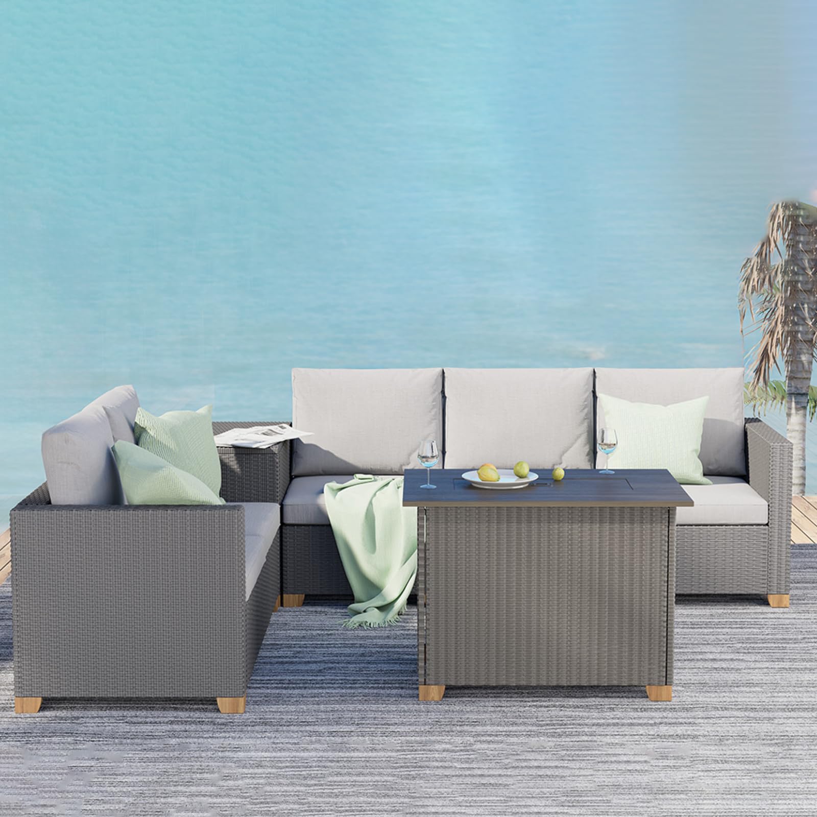 Yangming 7 Piece Patio Furniture Gas Sectional Sofa Sets with Fire Pit Table and Outdoor Storage Box for Backyard Garden Poolside, Gray