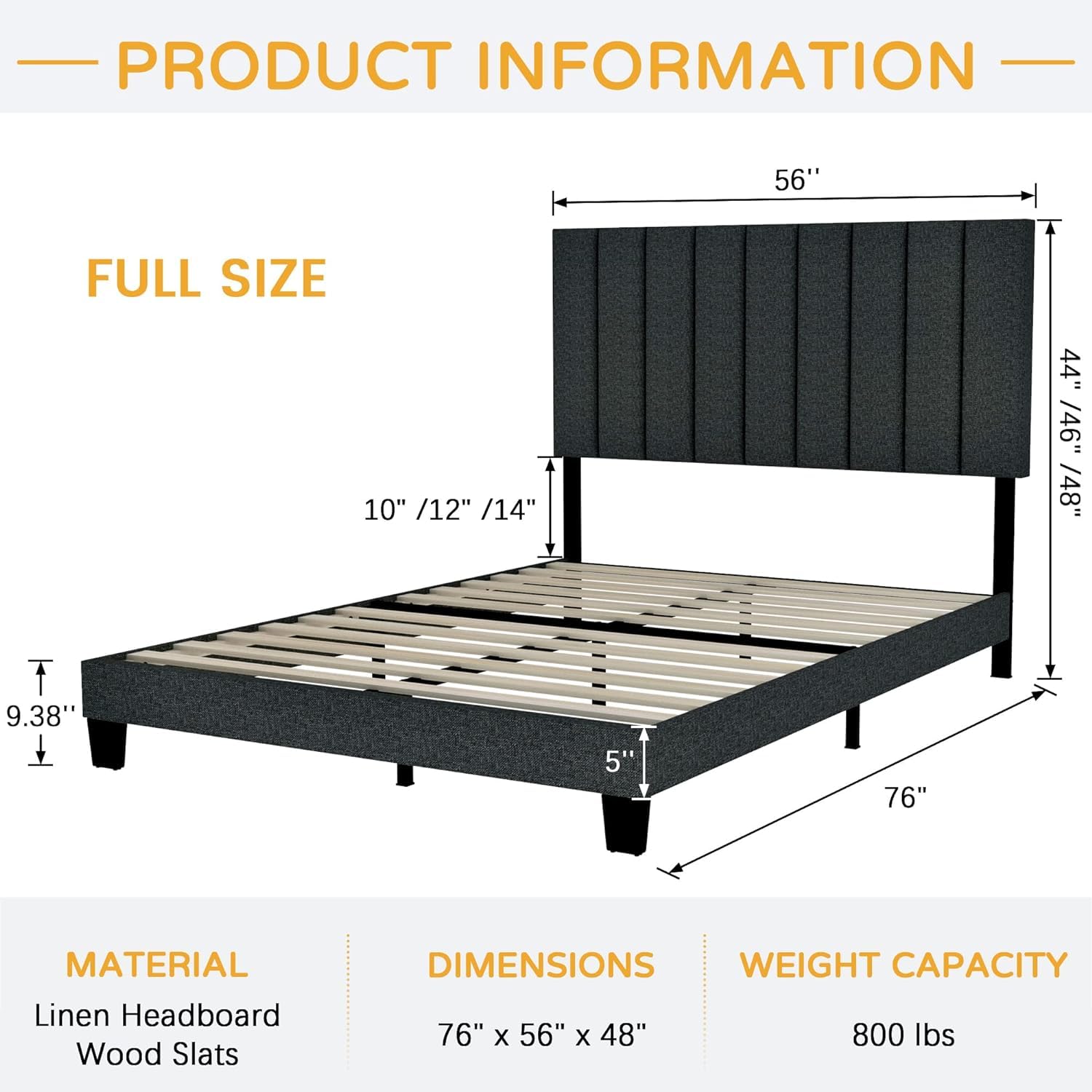 wOod-it Full Size Platform Bed Frame with Headboard, Upholstered Bed Frame with Wingback, No Box Spring Needed, Easy Assembly Solid Wooden Slats, Noise-Free, Light Gray
