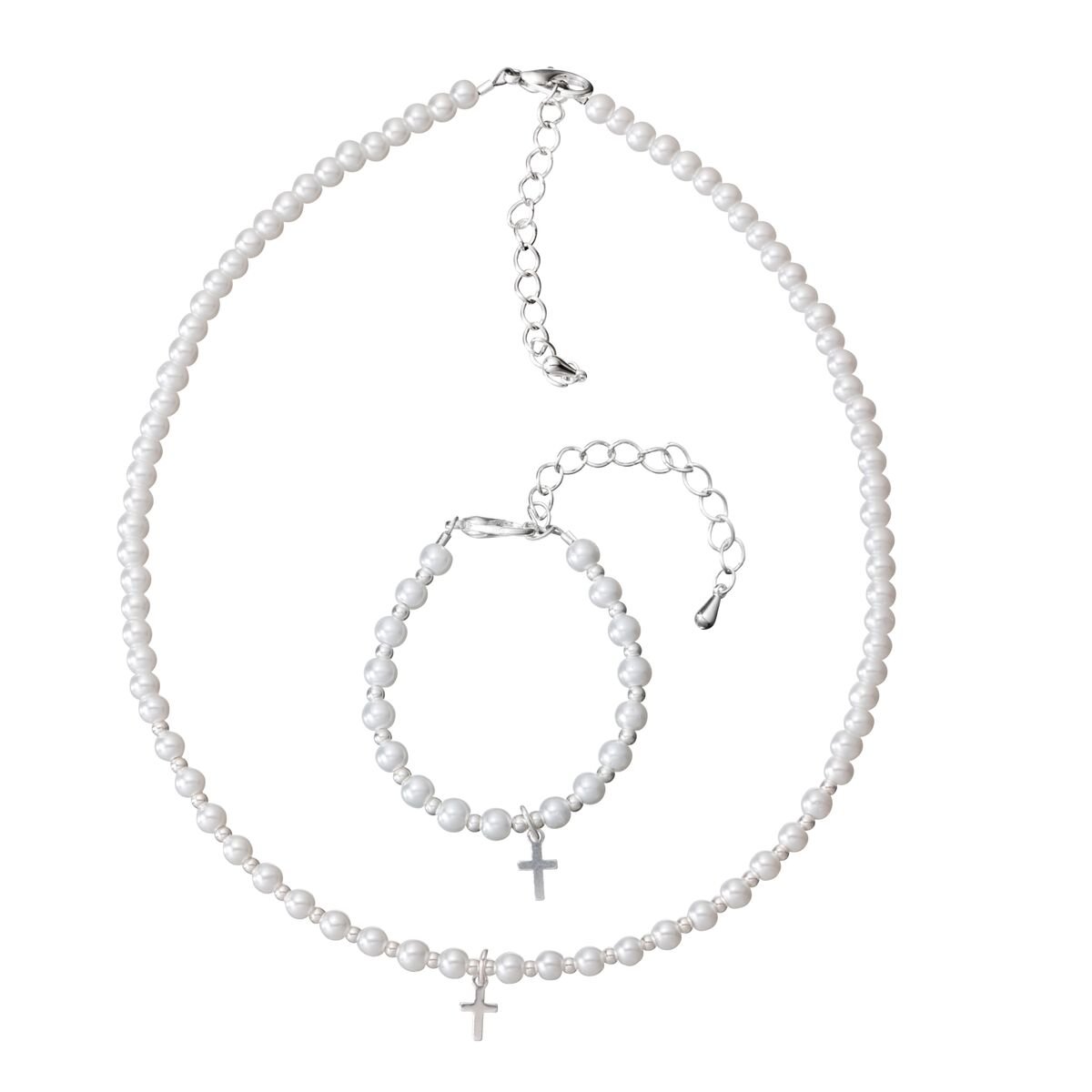 White Czech Glass Pearls with Silver Beads and Cross Keepsake Bracelet and Necklace Gift Set (GSNB31_M)