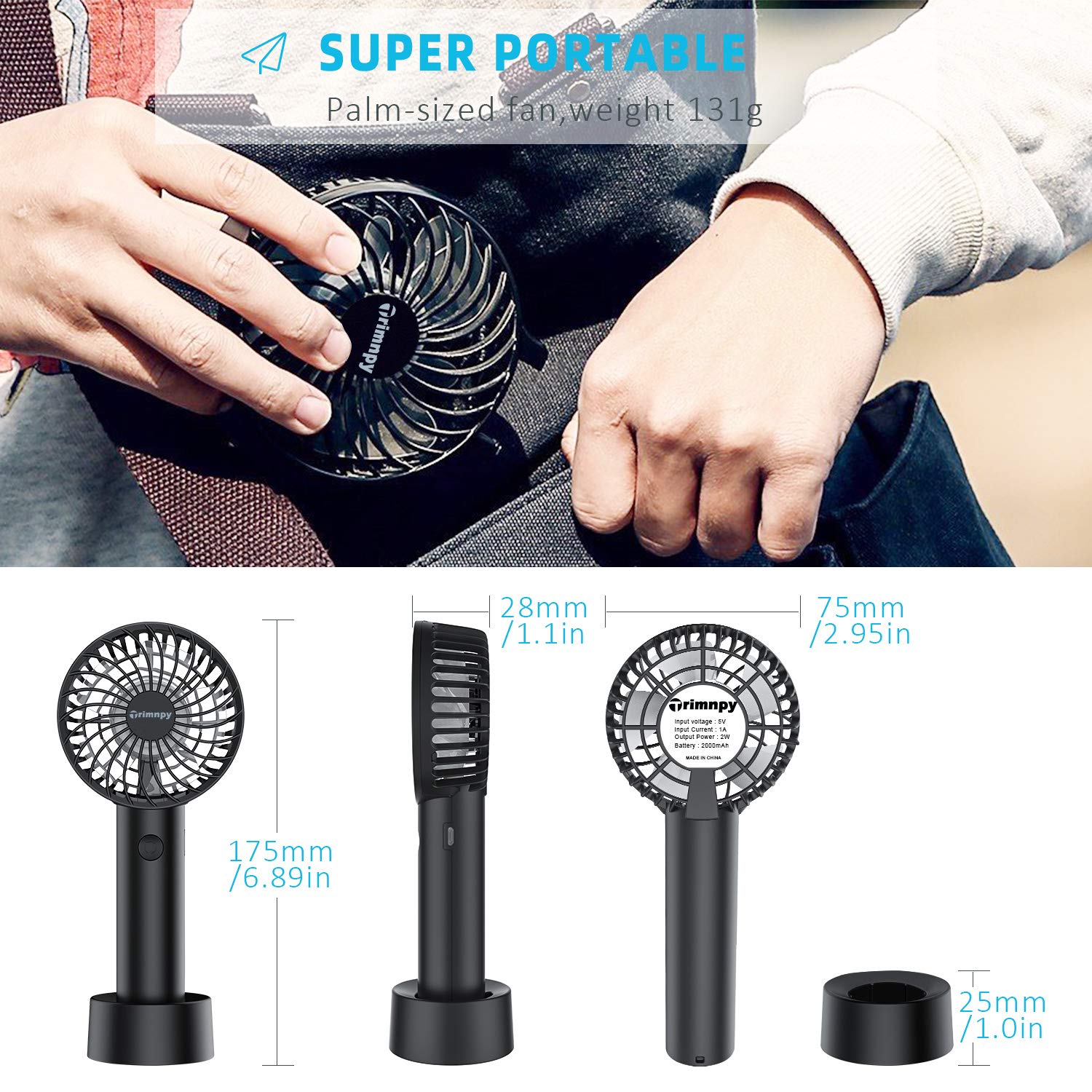 Super Small Portable Handheld Electric Fan Personal USB Rechargeable Battery Operated, Stroller/Desk Table Hands Free Mini Fan, Big Capacity Powerful Cooler Fan, Pocket Size for Outdoor Travel Camping