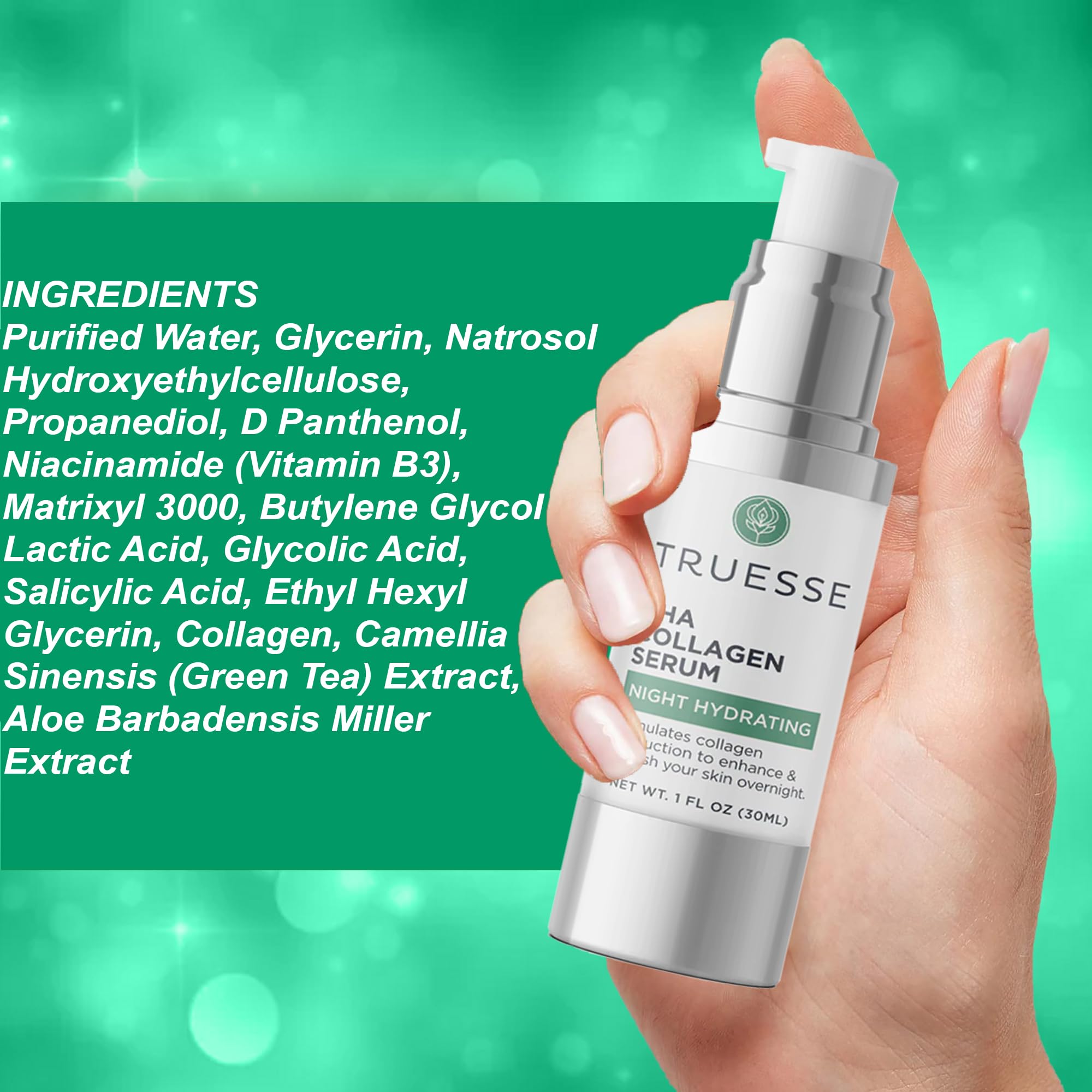 TRUESSE AHA Collagen Serum - Serum for Face - Collagen Peptide - Nighttime Moisturizer - Anti-Aging Serum - Overnight Facial Serum, 1 fl oz…