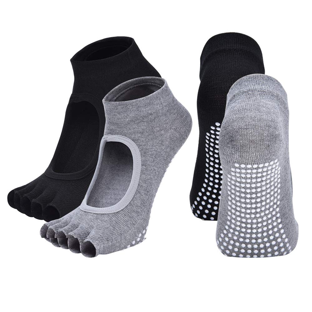 Vanktion 2 Pairs Toeless Yoga Socks Non-Slip Grips for Pilates Ballet Dance Barefoot Workout Cotton Open Toe Women Sports Socks (Black & Grey)