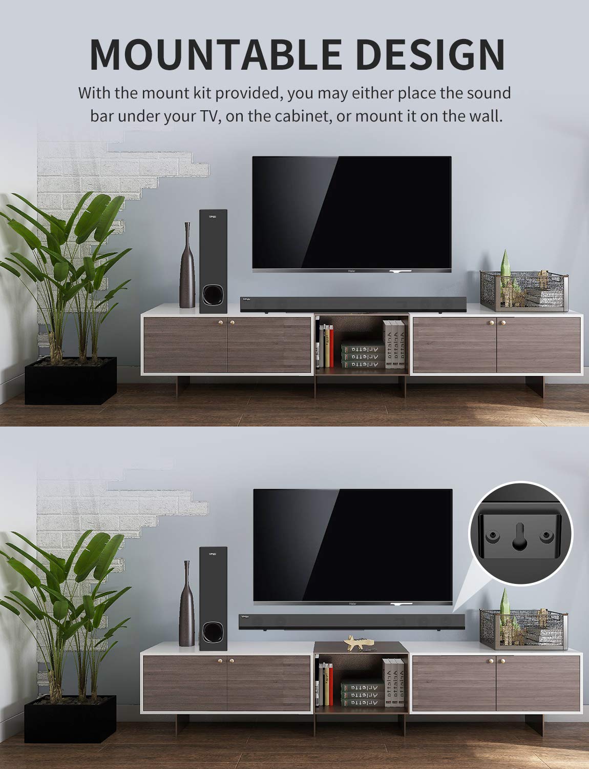 VMAI 2.1 Sound Bar with Subwoofer, 120W, Bluetooth 5.0, HDMI/Optical/Auxiliary/USB, Jet Black, 34 Inch, Wall Mountable, Bass Adjustable Surround Sound for Home Theater