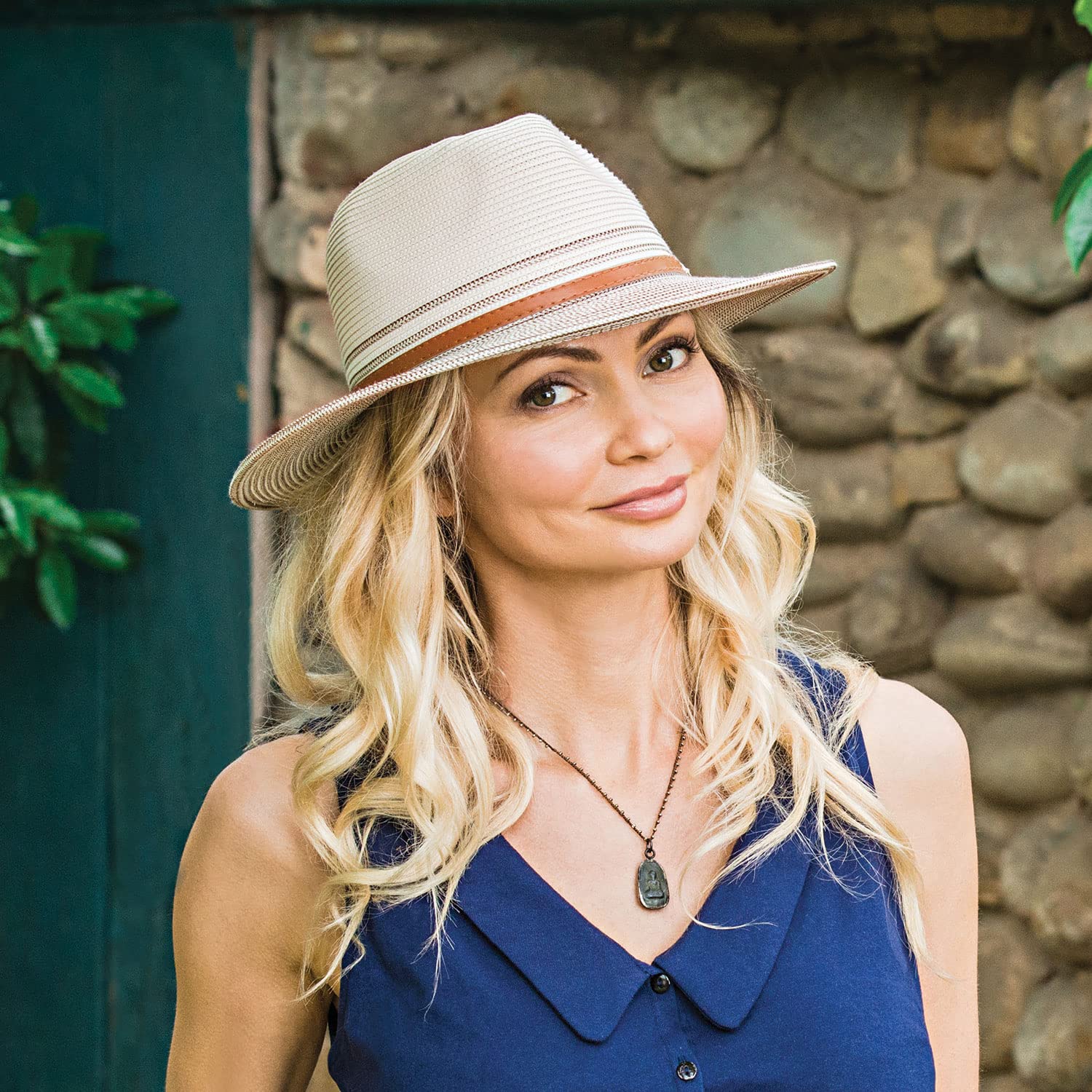 Wallaroo Hat Company Women’s Petite Kristy Fedora – UPF 50+ Sun Protection, Wide Brim, Packable Design, Adjustable Sizing for Smaller Crown Sizes – Sun-Safe Hat for Travel and Everyday (Ivory/Stone)