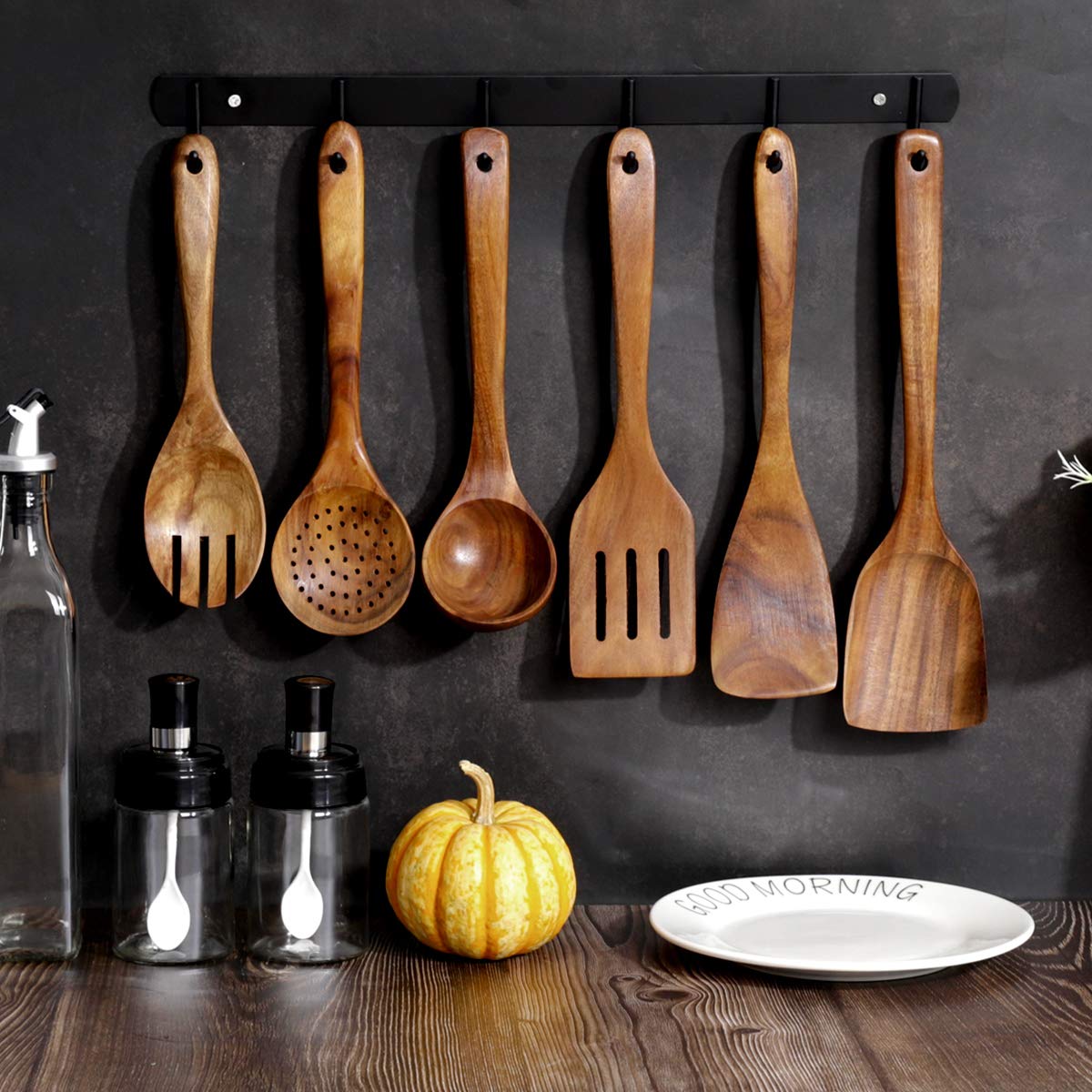 Wooden Kitchen Utensil Set Uncoated Dishwasher Safe Bamboo Cooking Utensils Set with Holes, Organic Teak Wooden Spoons for Cooking (Dark Brown)