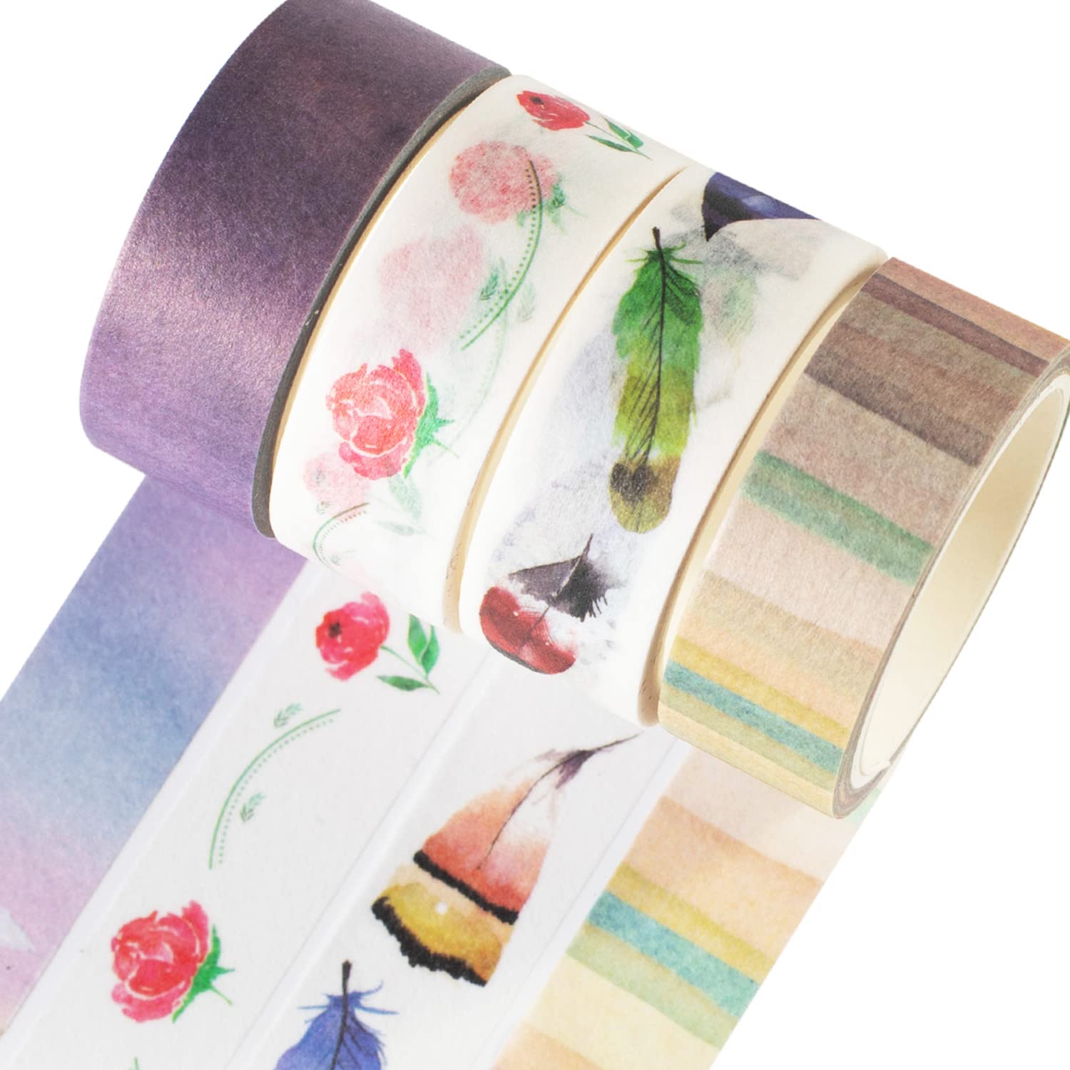 YUBBAEX Romantic Garden Washi Tapes 4 Rolls Feather Rose Masking Tape Set Decorative for Arts, DIY Crafts, Journal Supplies, Planners, Scrapbook, Card/Gift Wrapping