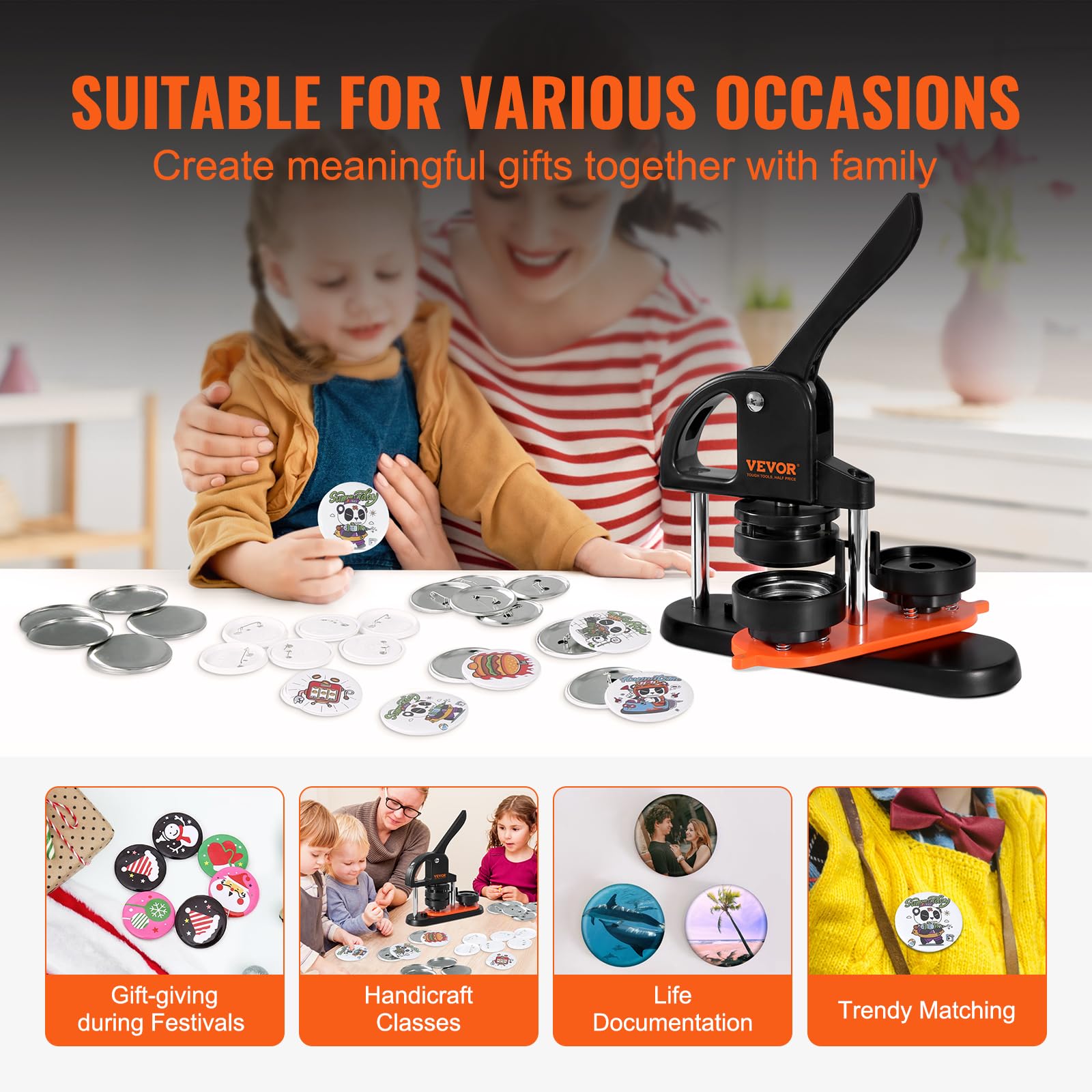 VEVOR Button Maker, 2.28 inch/58mm Pin Maker with 100pcs Button Parts, Ergonomic Arc Handle Punch Press Kit, Button Maker Machine with Panda Magic Book, for Children DIY Gifts and Christmas
