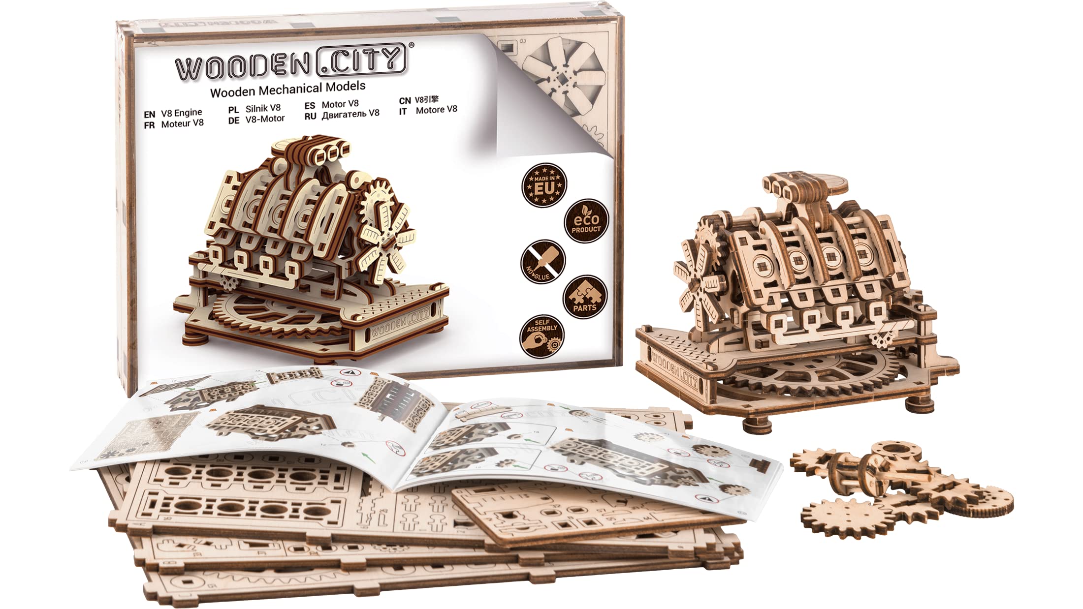 WOODEN.CITY Wood Engine Model Kit 3D Puzzle - 3D Wooden Puzzle Model Engine Kit for Adults - V8 Engine Model Kit That Works 3D Wooden Puzzles for Adults - Model Engine Working 3D Wood Puzzles Adult