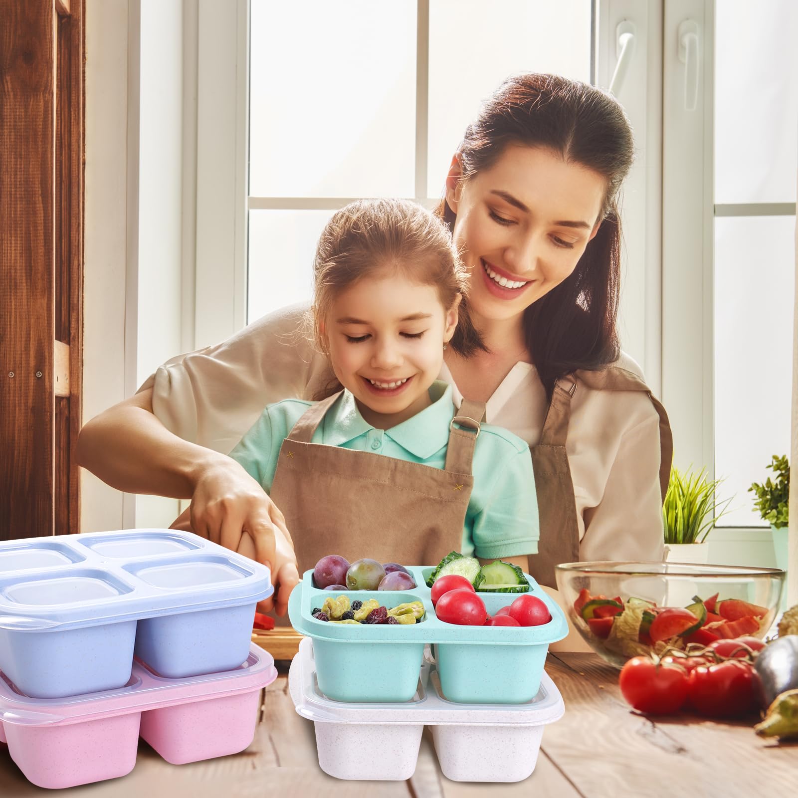 Yiows Lunch Containers, 4 Pack Snack Containers for Kids, Bento Lunch Box Meal Prep Containers Reusable for Kids and Adults, Food Storage Containers For School, Work, Travel(Wheat)