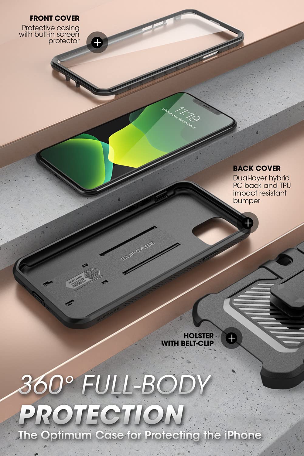 SUPCASE for iPhone 11 Pro Max Case with Screen Protector (Unicorn Beetle Pro), [Built-in Stand & Belt Clip] Heavy Duty Full-Body Shockproof Protective Phone Case for iPhone 11 Pro Max 6.5", Black