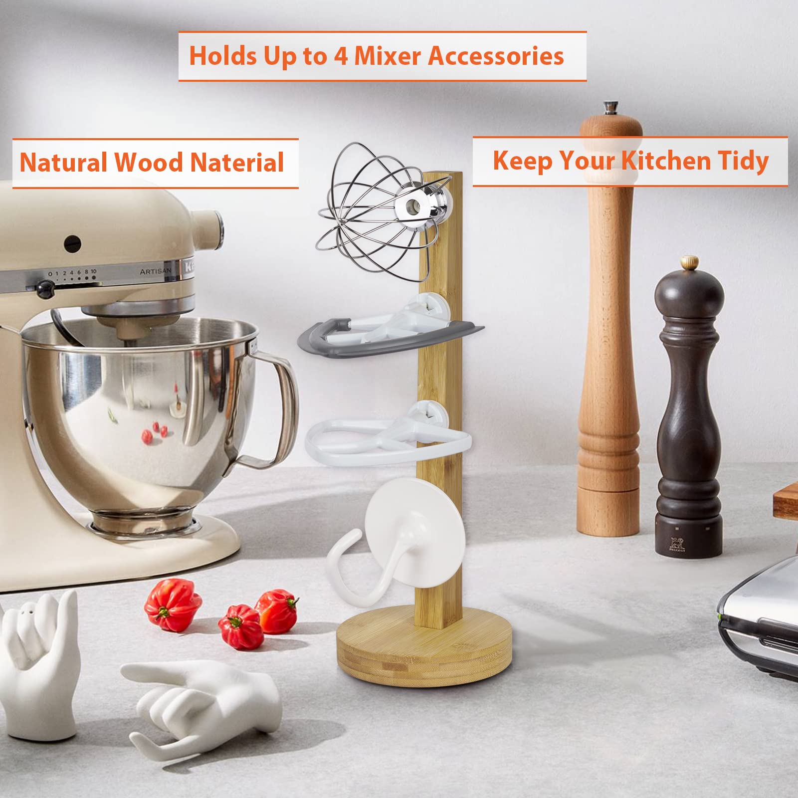 Trycooling Stand Mixer Attachment Holder Wooden Stand Mixer Holders with 4-Pack Hooks Kitchen Accessories Organizer for Space Saving Storage Dough Hook Flex Edge Beater