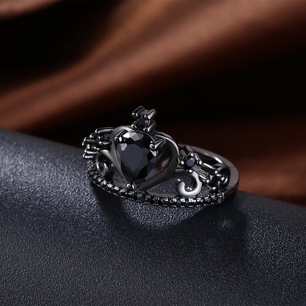 WANGYUSHENG Womens Black Gold Plated Cubic Zirconia CZ Fashion Teardrop Princess Crown Tiara Ring Wedding Band (9)