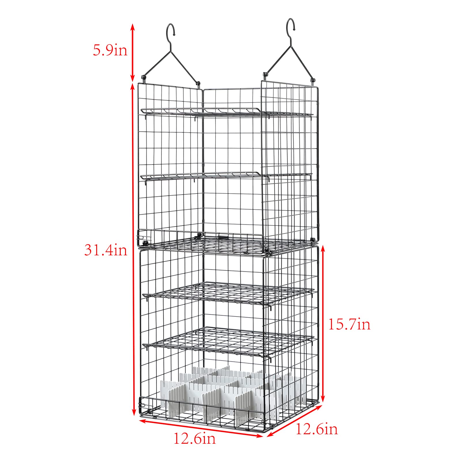 Yuyetuyo 6 Tier Hanging Closet Organizer Foldable Hanging Clothes Shelves with Adjustable Dividers, Closet Shelf Organizer for Clothing Sweaters Socks Dolls Handbags, Separable, Black