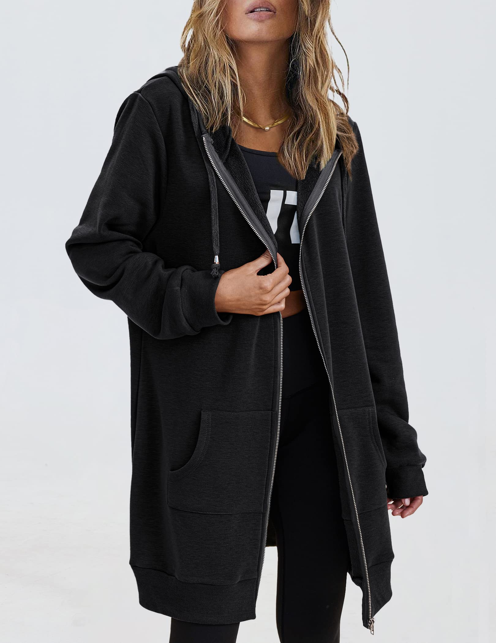 Zeagoo Women's Longline Hooded Sweatshirt / Hoodie Tunic With Fleece,Black,X-Large