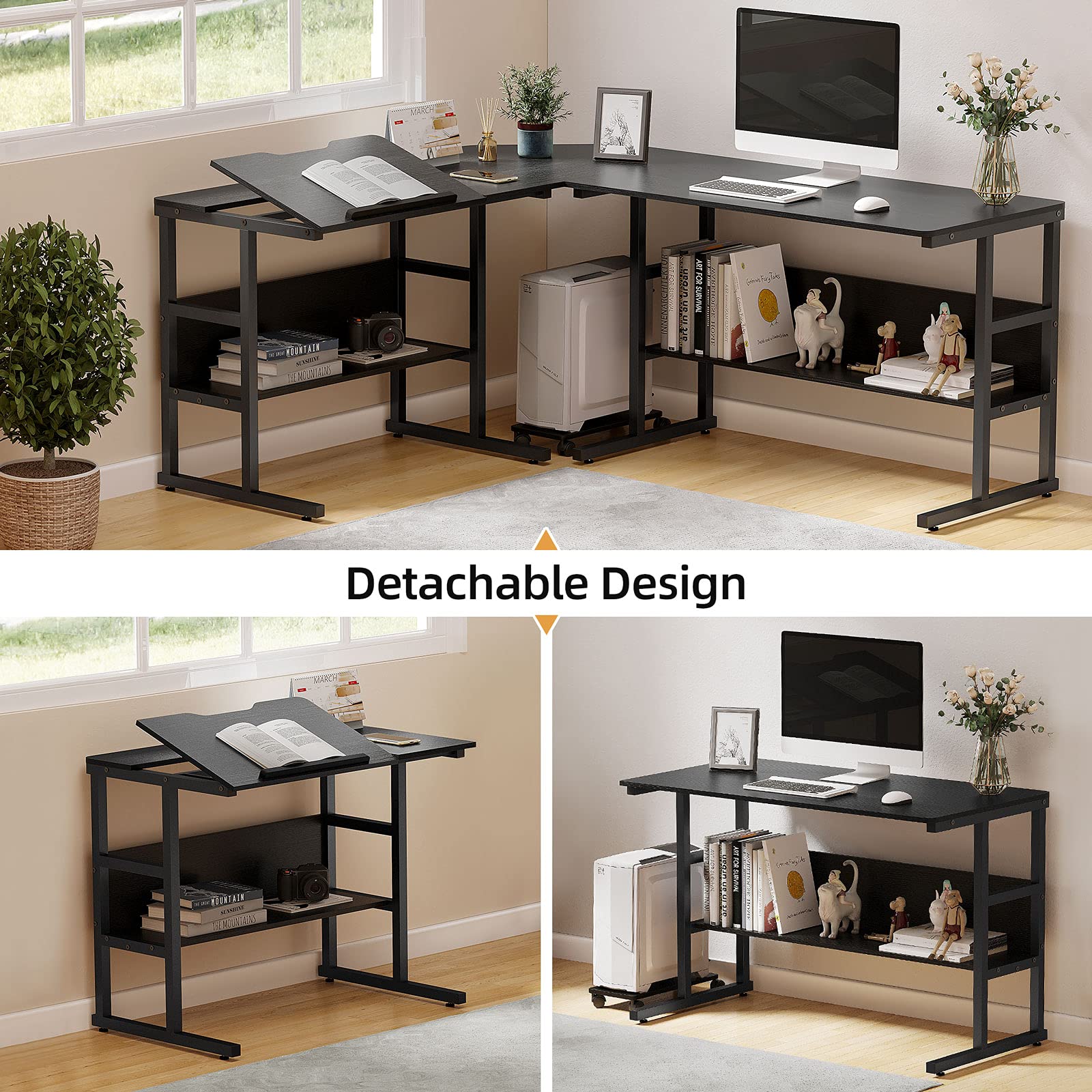 YITAHOME Tiltable L-Shaped Computer Desk with Storage Bookshelf, 67 inch Double Workstation Modern Corner Studying Desk Drafting Drawing Gaming Table for Office Home, Black, FTOFOD-0007