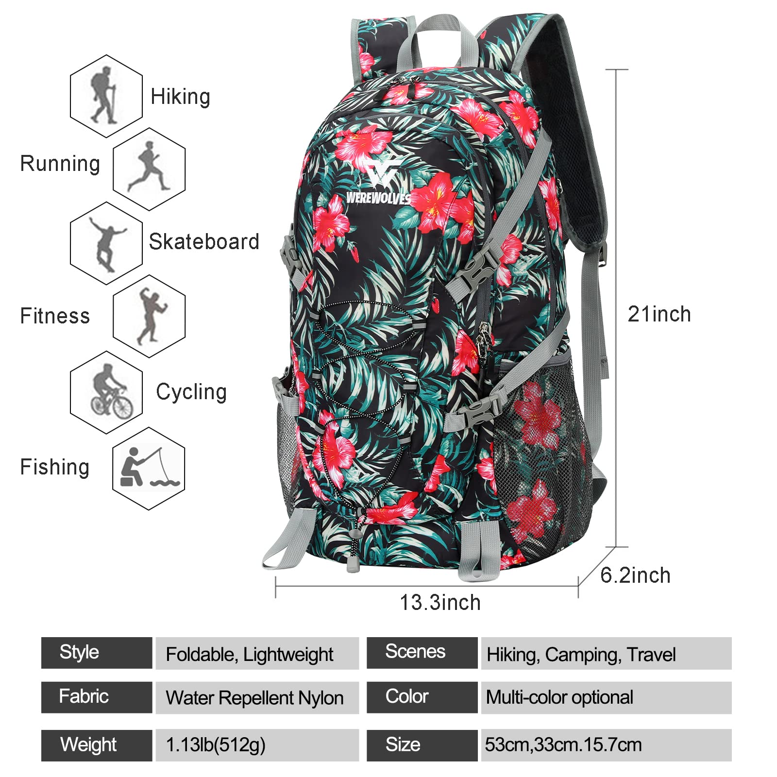 WEREWOLVES 40L Hiking Backpack, Water Resistant Travel Packable Foldable Lightweight Daypack for Women Men…