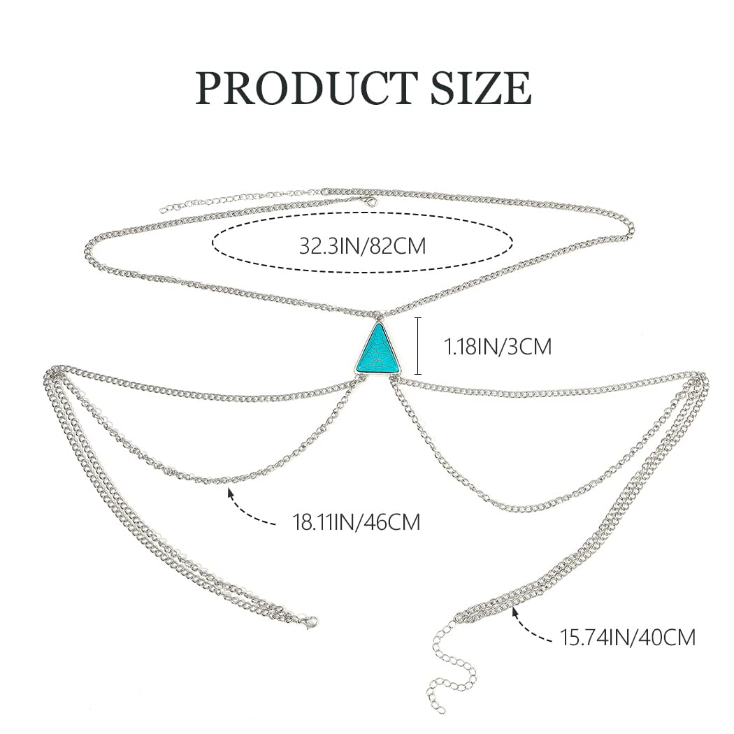 Yean Turquoise Bikini Chain Silver Harness Bra Chain Crossover Body Jewelry for Women and Girls