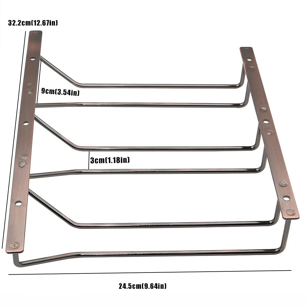 zoohot Wine Glass Rack - Under Cabinet Stemware Wine Glass Holder Glasses Storage Hanger Metal Organizer for Bar Kitchen Red Copper (3 Rows, 1 Pack)