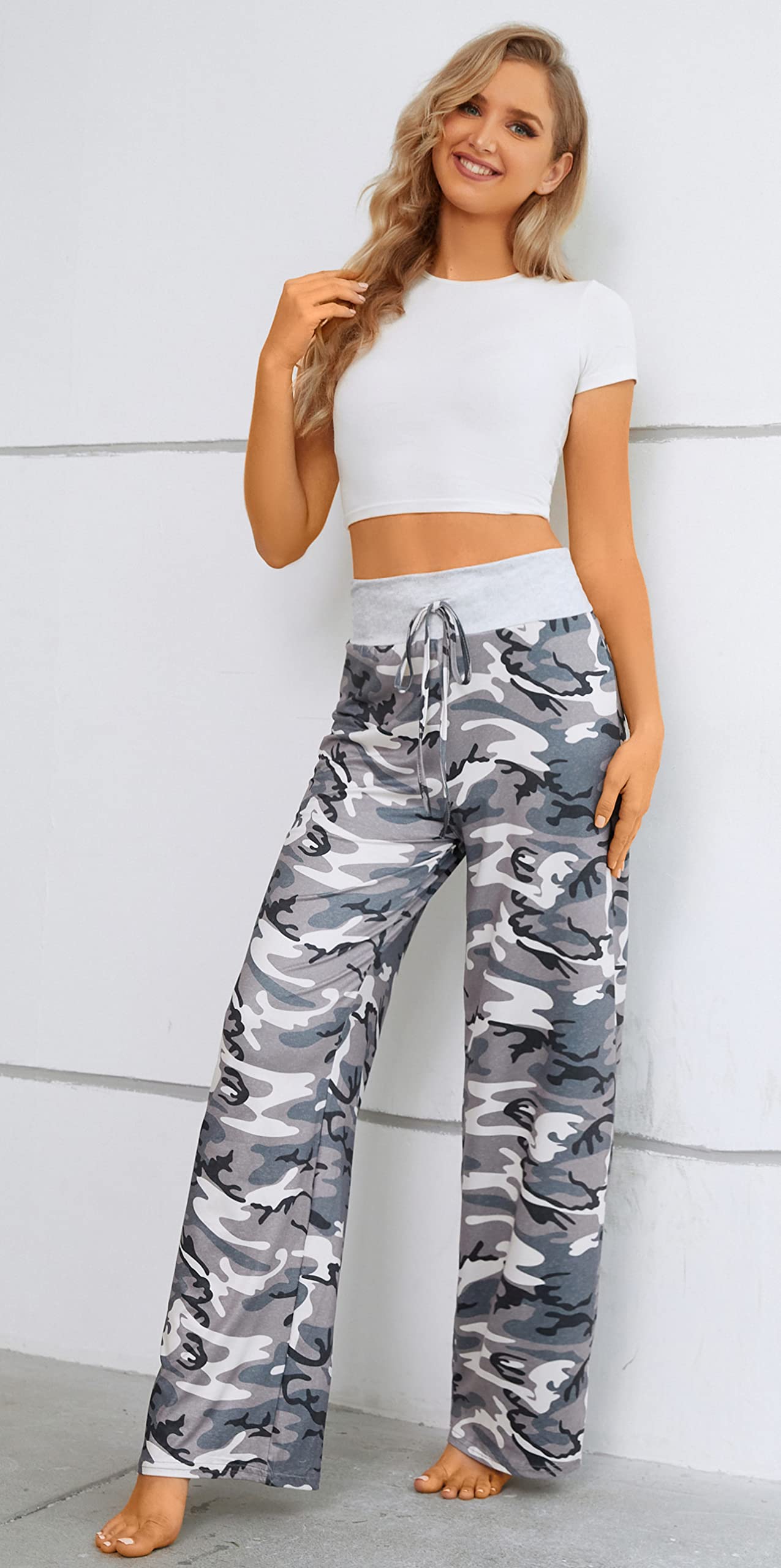 X-Image Women's Pajamas Comfy Pajama Lounge Pants Floral Print Drawstring Wide Leg Palazzo Pants Grey 5, Large