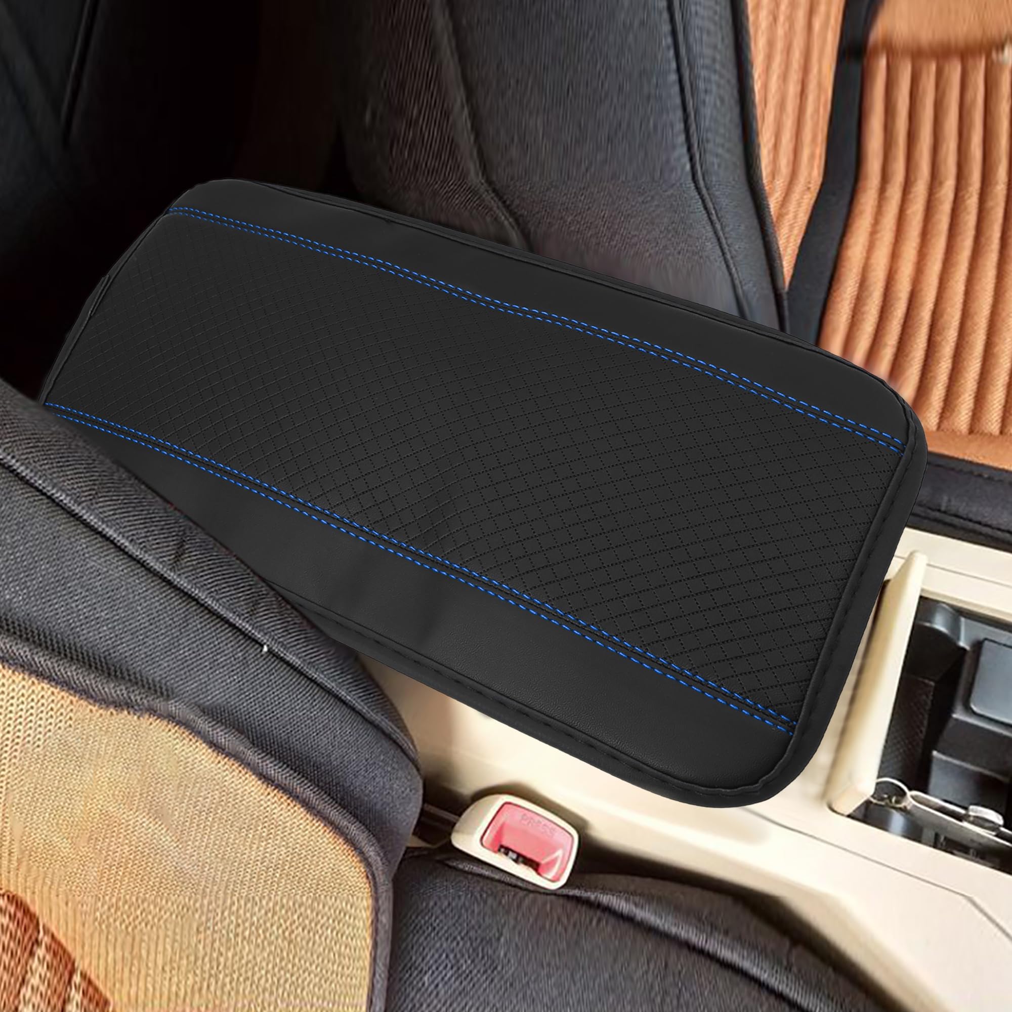 X AUTOHAUX 12.60"x7.68" Universal Car Center Console Lid Armrest Cushion Seat Box Cover Pad PU Leather Black Blue
