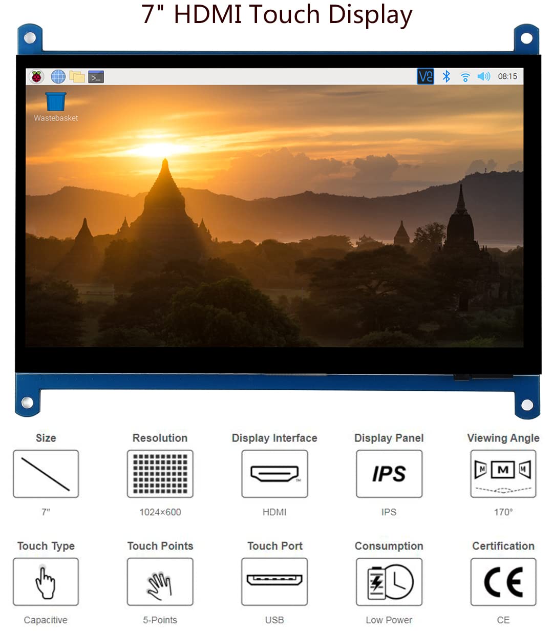 waveshare 7inch HDMI LCD IPS Capacitive Touch Screen 1024×600 Display Monitor for All Rev Raspberry Pi 4B/3B+/3B/2B/B+/A+/Zero,BeagleBone Black Windows 10/8.1/8/7
