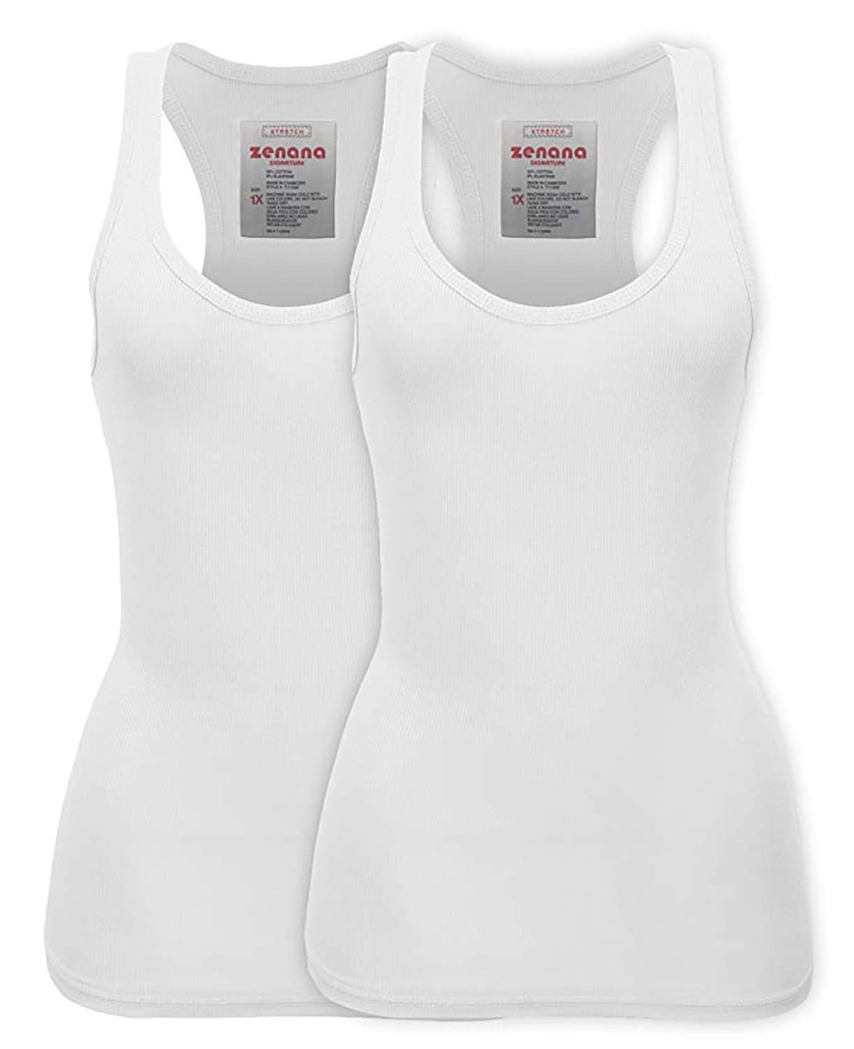 Zenana Women's Plain Solid Color Ribbed Racerback Tank Top Shirt Plus Sizes (X-Large, 2 Pack: White | White)