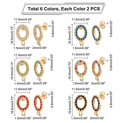 UNICRAFTALE 12Pcs 6 Colors Oval Stud Earring Findings Hypoallergenic Rhinestone Stud Earring with Loop Oval Earring with Ear Nut 0.8mm Pin Earring Posts for DIY Earrings Jewelry Making