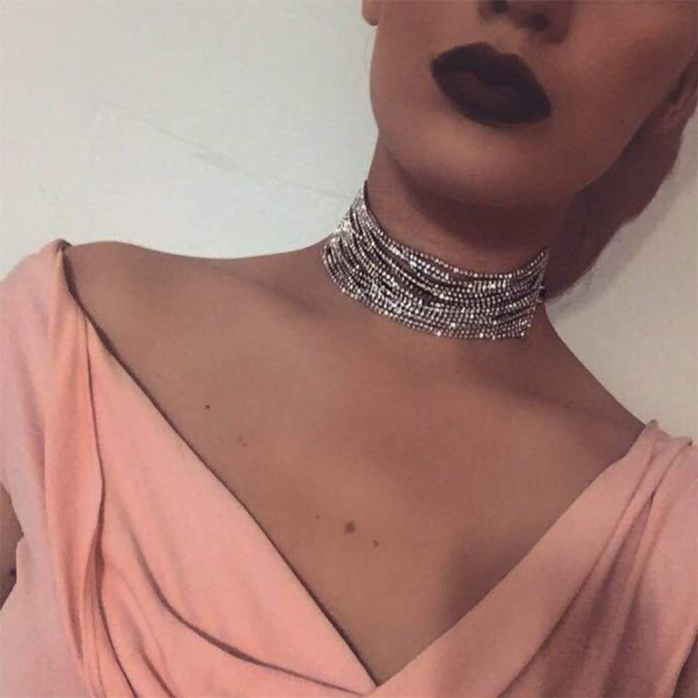 YERTTER Women Waterfall Rhinestone Chain Multilayered Chain Full Crystal Tight Sparkly Choker for Party Prom Vacation (Silver)