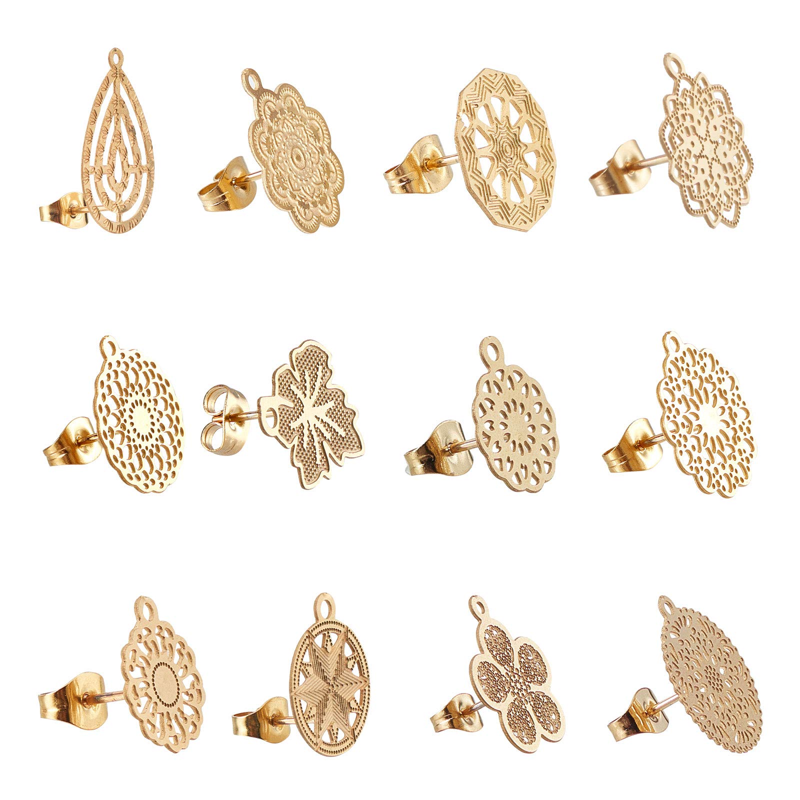 UNICRAFTALE 24pcs 12 Styles Golden Bohemian Stud Earring Findings Stainless Steel Ear Stud Component with Loop Butterfly Stoppers 0.7mm Pin Mixed Shapes Earring for Jewelry Making, Hole 1mm