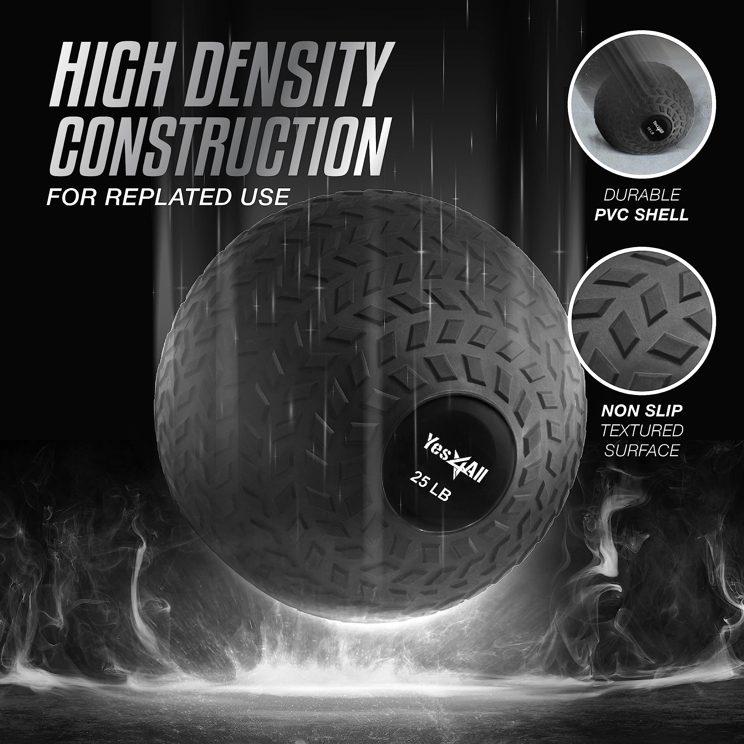 Yes4All 25 lbs Slam Ball for Strength, Power Workout - Fitness Exercise Ball with Grip Tread & Durable Rubber Shell (25 Lbs, Black)