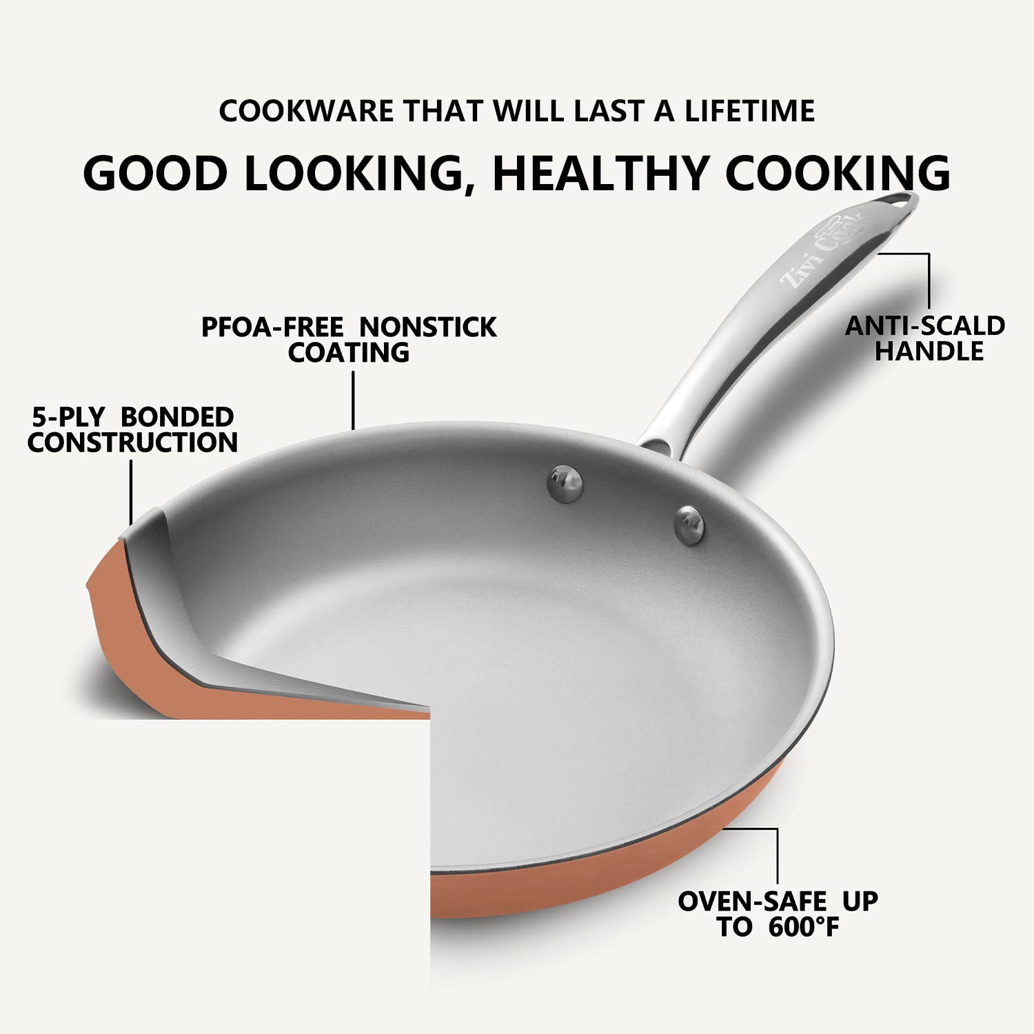 Zivicook Healthy Coating Nonstick 10 Piece Tri-ply Stainless Steel Cookware Pots and Pans Set, Stay-Cool Handle, PFOA-Free, Dishwasher Safe, Oven Safe(Peach)