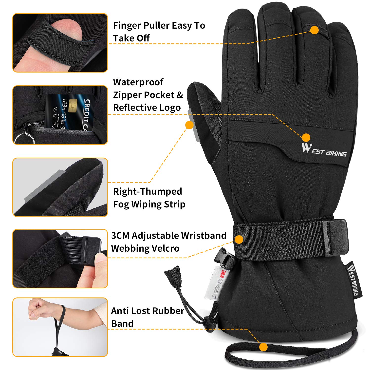 West Biking Gift Winter Ski Gloves 2-in-1 Under Gloves with Separate Liners, 3M Thinsulate Waterproof Touchscreen Warm Snowboard Gloves