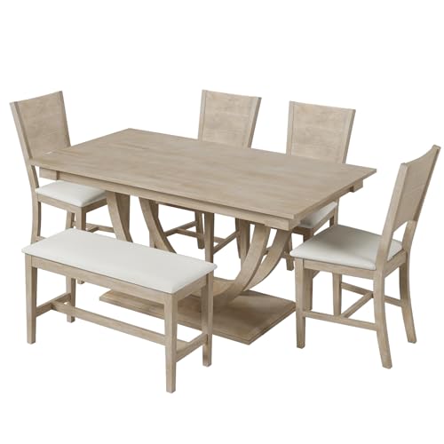 WOXYX Modern Style 6-Piece Wood Half Round Dining, Kitchen Tables-Set with Long Bench and 4 Chairs, Natural