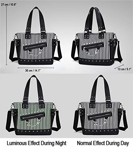 Women Fashion Rivet Handbag Purse Luminous Canvas Punk Tote with Shoulder Strap Crossbody Bag Large Capacity Black (Striped-Luminous)
