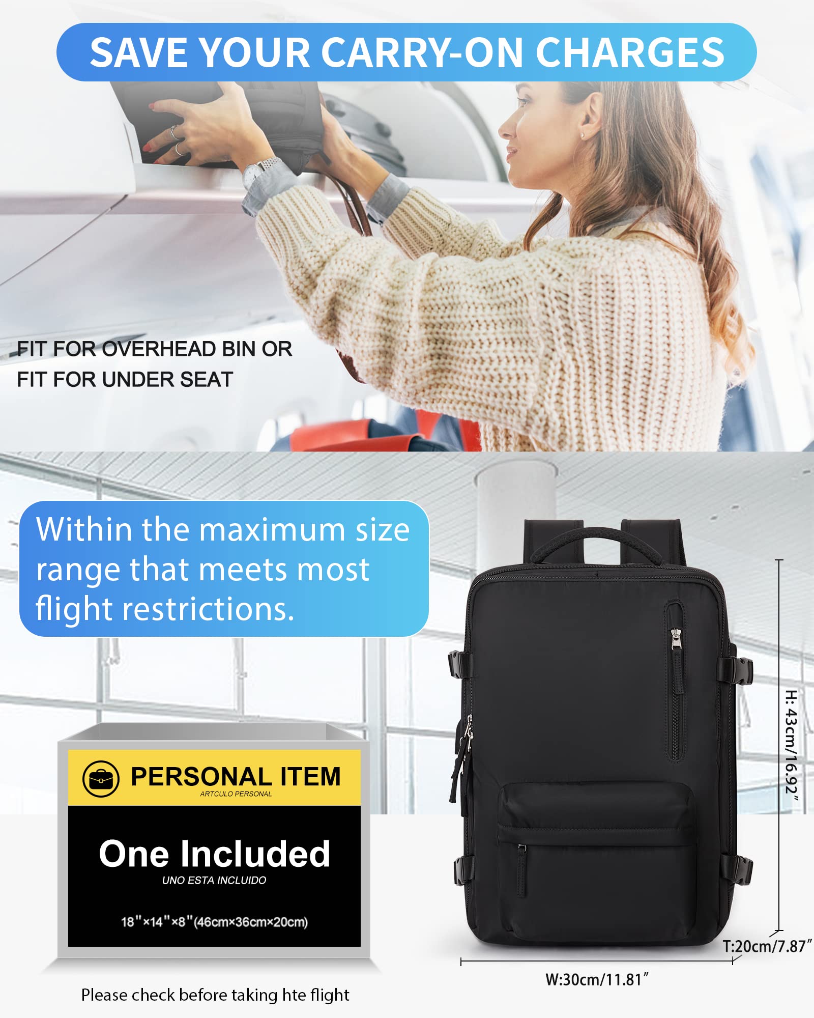 VECAVE Carry On Backpack for Women,Large Travel Backpack Flight Approved,Waterproof 17 Inch Laptop Backpack Business Work Backpacks Men Mochila De Viaje GreyBlue
