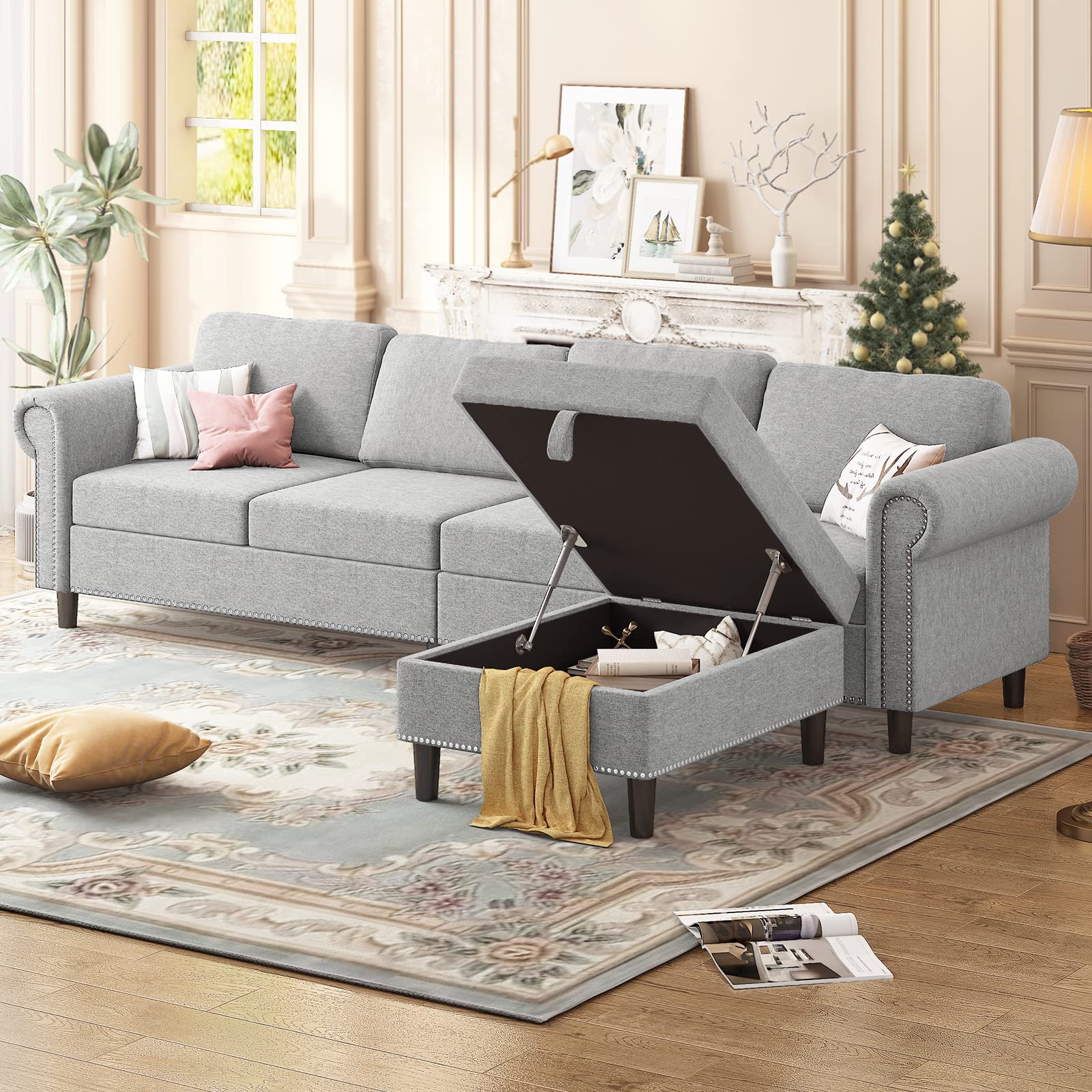 ZAFLY 102 Inch Oversized L Shaped Sofa with Reversible Storage Ottoman, 4-seat Sectional Couch with Footstool, Retro Design, Reversible Storage Chaise, Line Fabric Sofa for Living Room,Light Gray