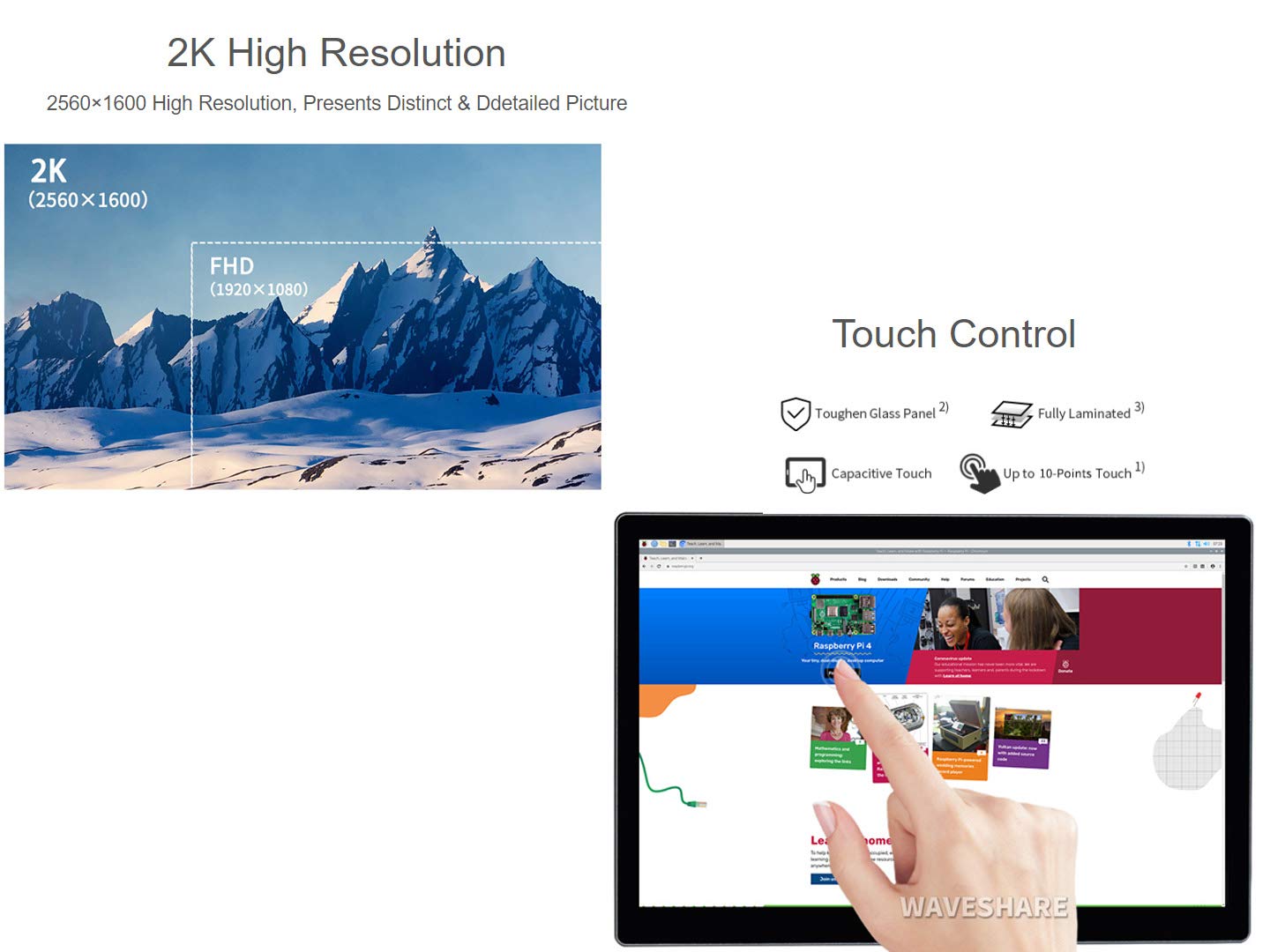Waveshare 9inch Capacitive Touch Monitor Mini HDMI Port 2560×1600 2K Resolution IPS Screen Fully Laminated Toughened Glass Panel Various Systems and Devices