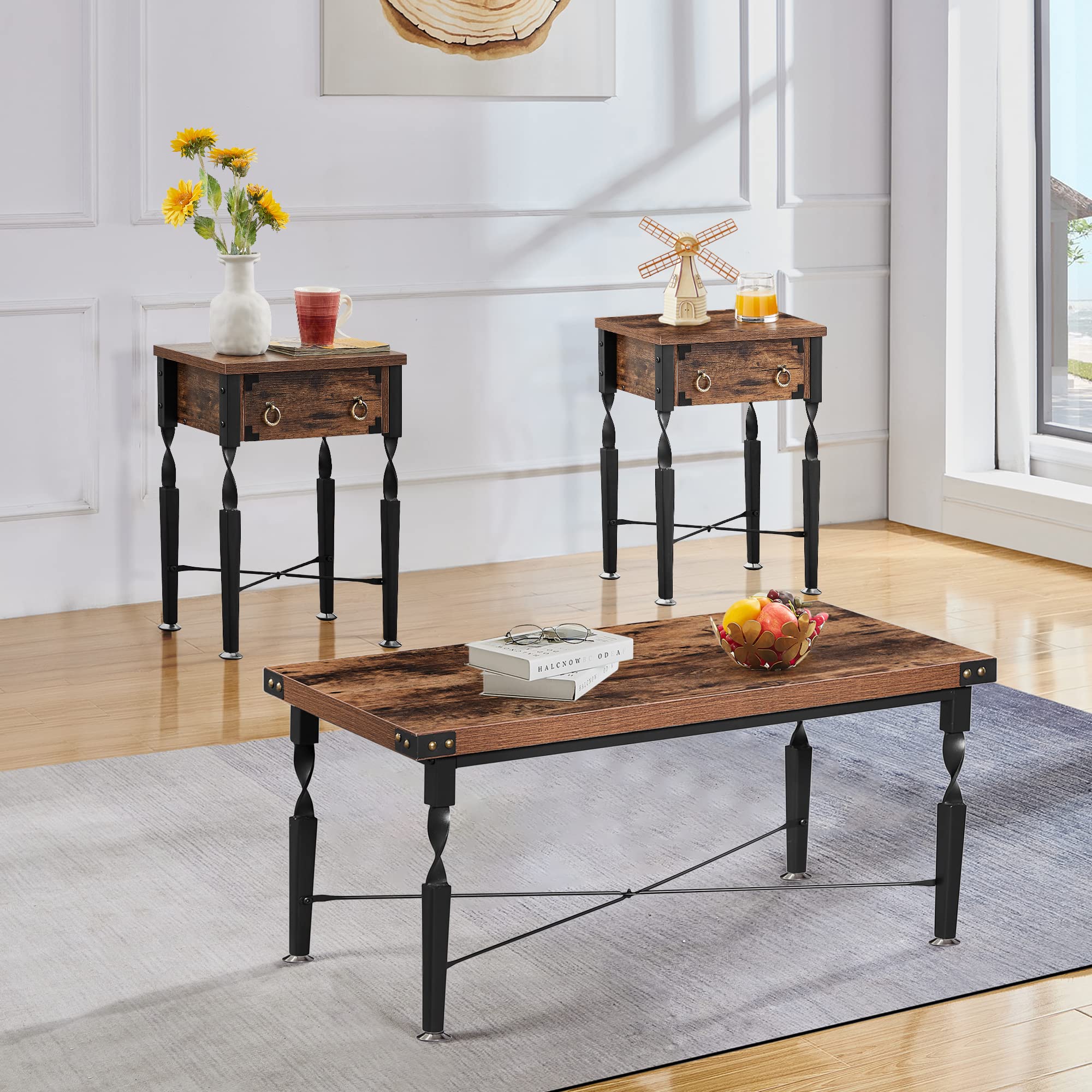 VECELO 3 Pieces Coffee/End/Side Table Set with Storage Drawers for Living Room, Office, Industrial Metal Frame, Easy Assembly, 41.3 in, One+Two, Rustic Brown