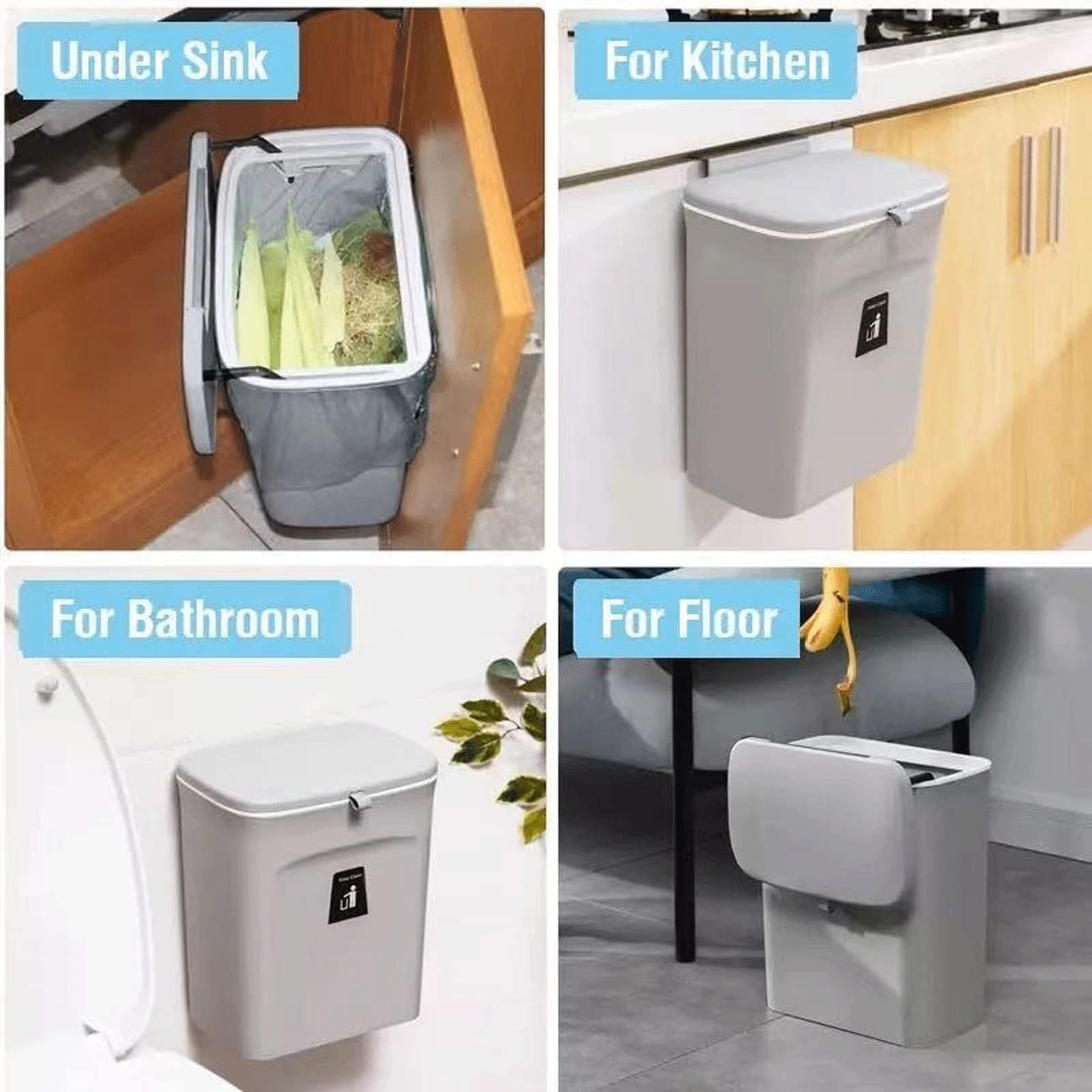 TURHAN Trashcan, 9L Wall Mounted Trash Can Bin with Lid Waste Bin Kitchen Cabinet Door Hanging Trash Bin Garbage Car Recycle Dustbin Rubbish