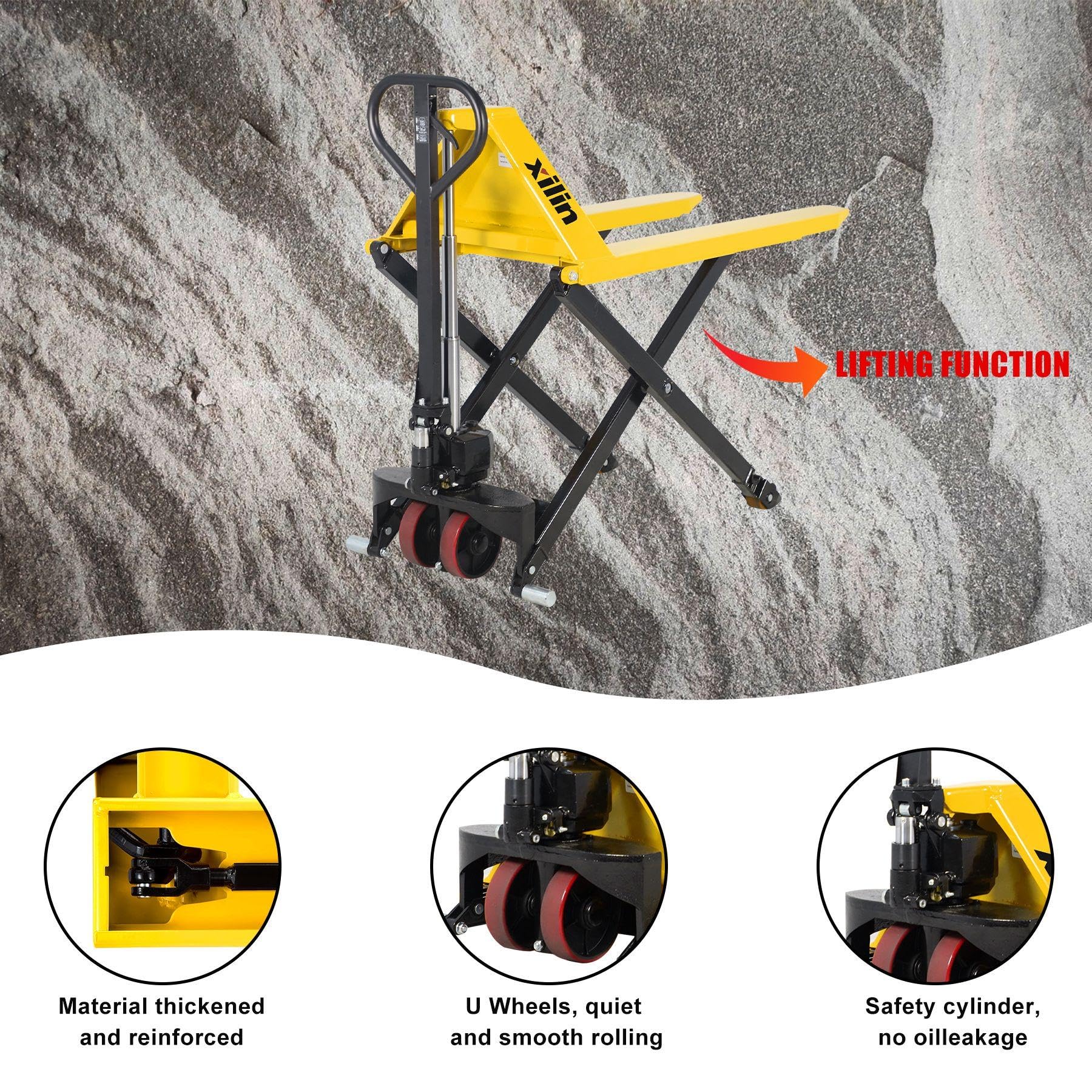 Xilin Manual Pallet Jack High Lift Hand Pallet Truck 2200lbs Capacity 3.3" Lowered 45" Lx21“W 31.5 Lift Height Suitable for EU Pallets JF-520