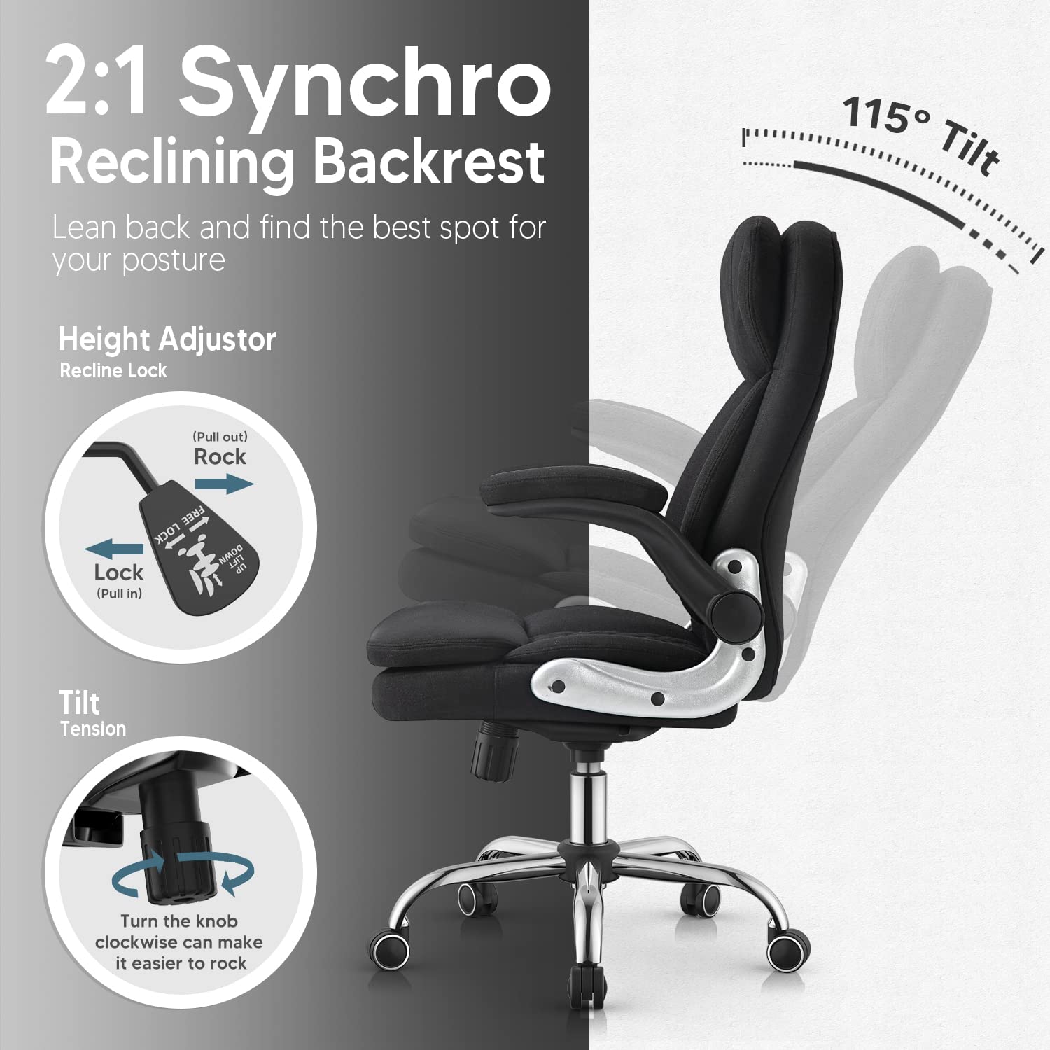 YAMASORO Home Office Executive Chair, High Back Ergonomic Lumbar Support Computer Desk Chairs with Wheels and Flip-up Arms, Linen Fabric, Black