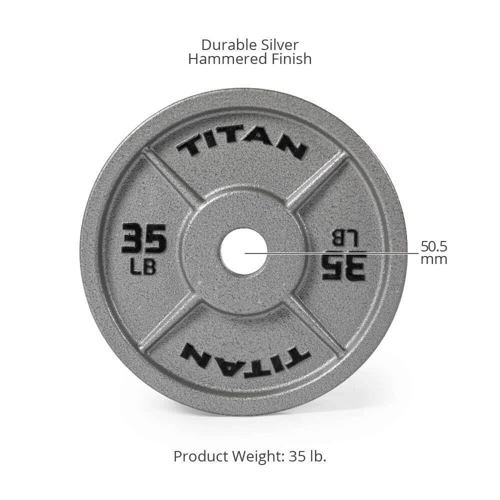 Titan Fitness 35 LB Cast Iron Olympic Plate, Sold Individually, Classic Weight Plate Design, Silver Hammer Finish