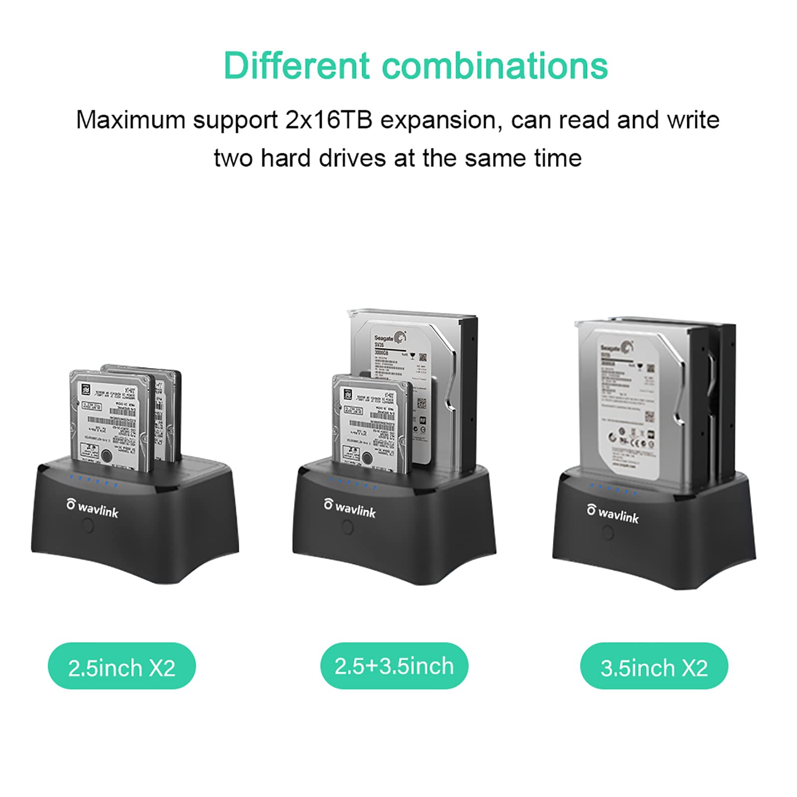 WAVLINK USB 3.0 to SATA I/II/III Dual Bay External Hard Drive Docking Station,Tool-Free External Hard Drive Dock for 2.5/3.5 inch HDD/SSD,Support Offline Clone,2x16TB with 12V/3A Power Adapter
